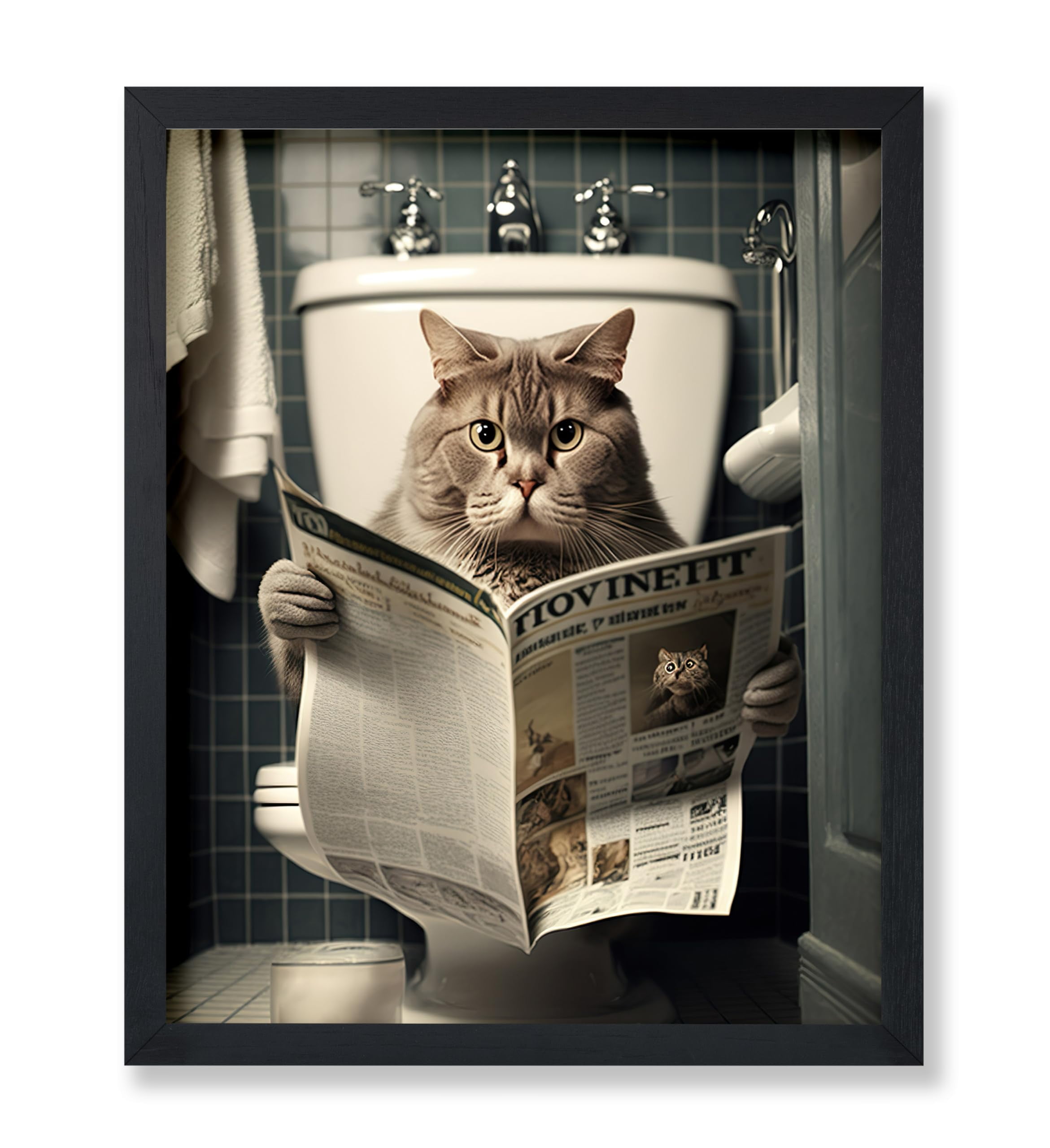 Poster Master Cat Sitting on Toilet Poster - Cat Reading a Newspaper ...