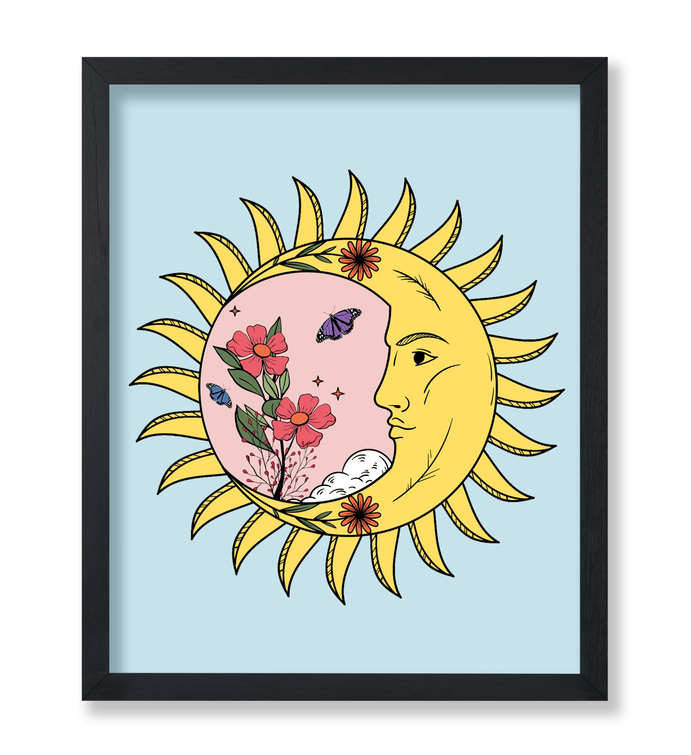 Poster Master Celestial Poster - Retro Sun & Moon Print - Flower Art ...