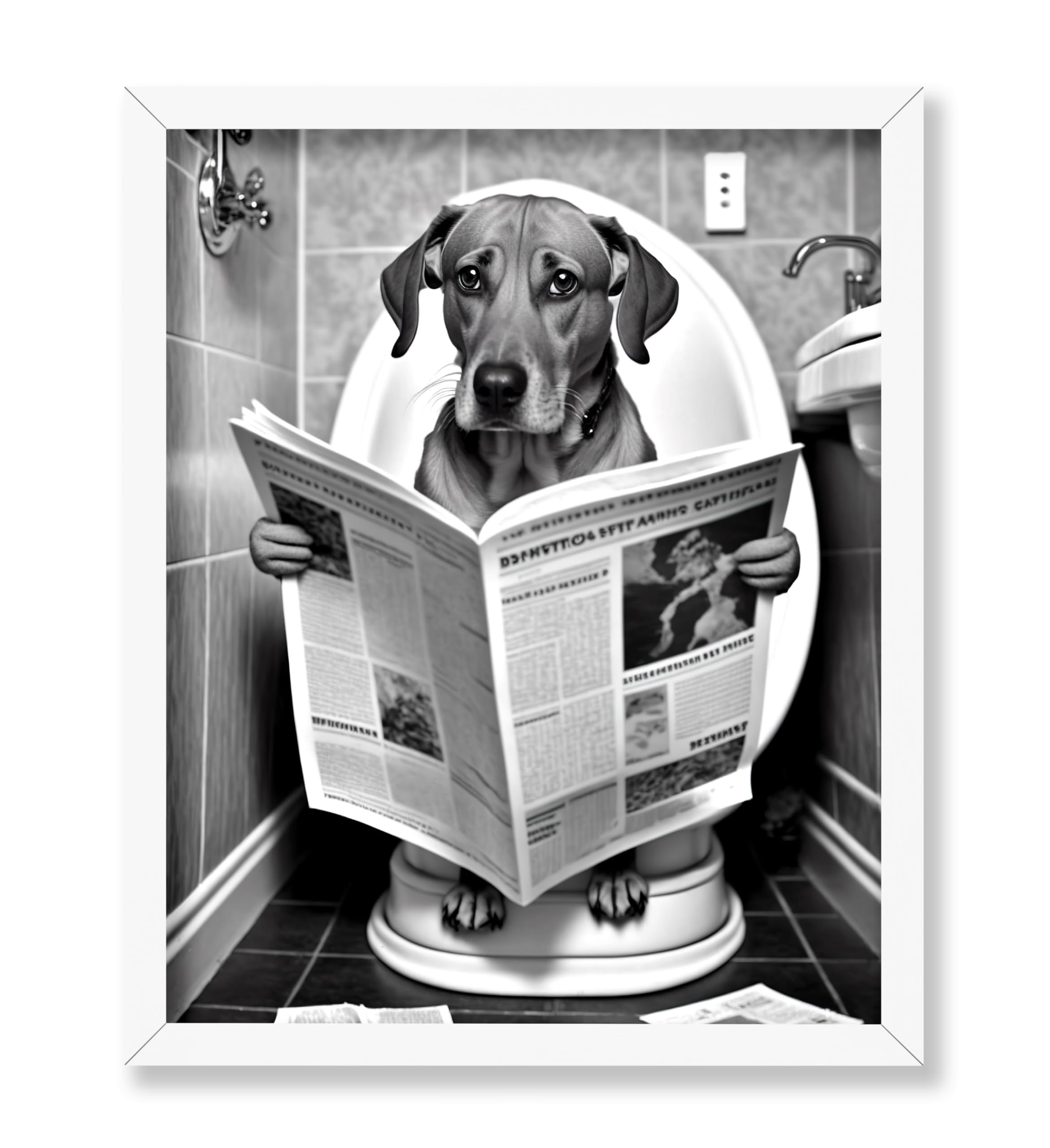 Poster Master Dog Sitting on Toilet Poster - Dog Reading a Newspaper ...