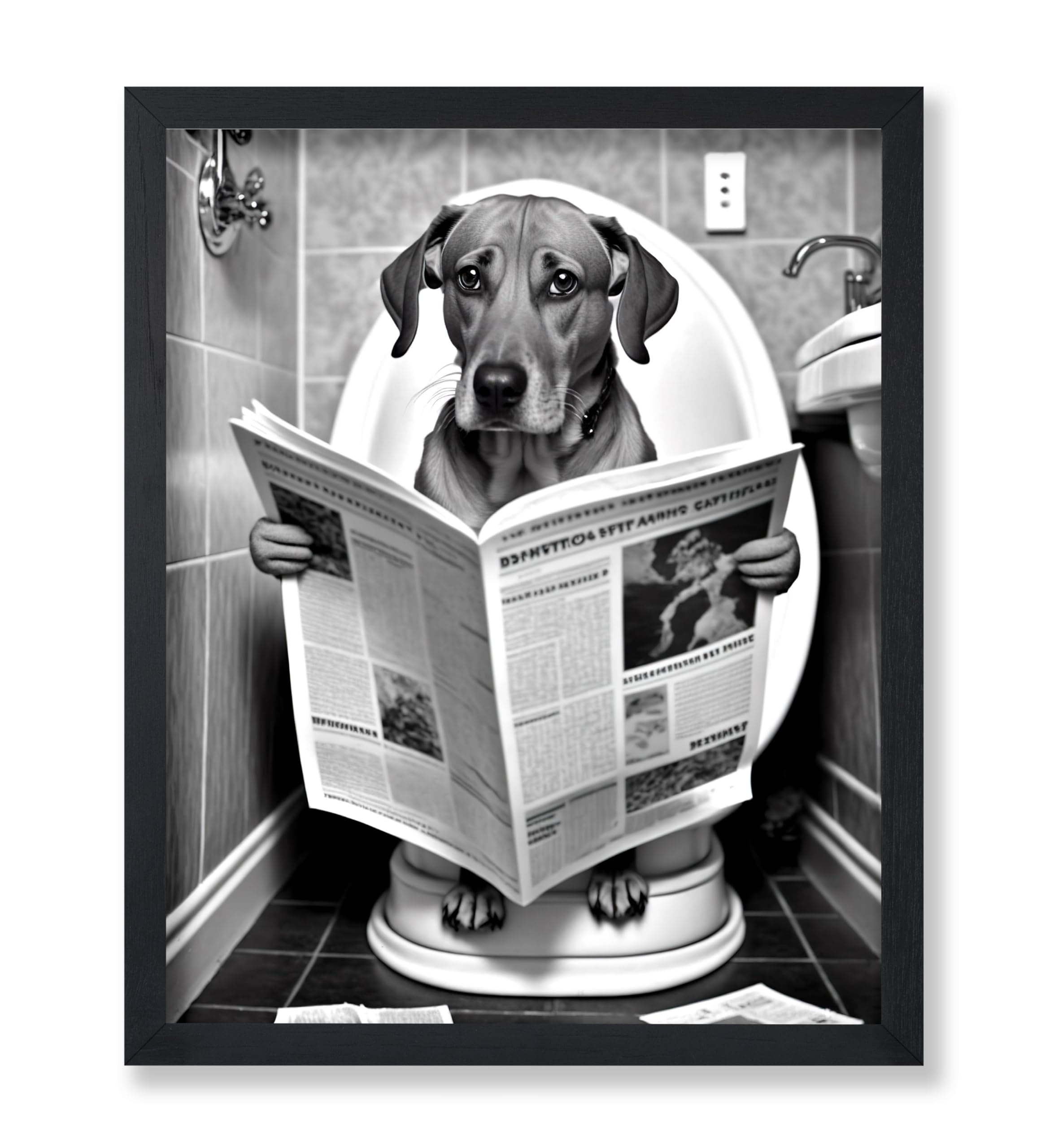 Poster Master Dog Sitting on Toilet Poster - Dog Reading a Newspaper ...