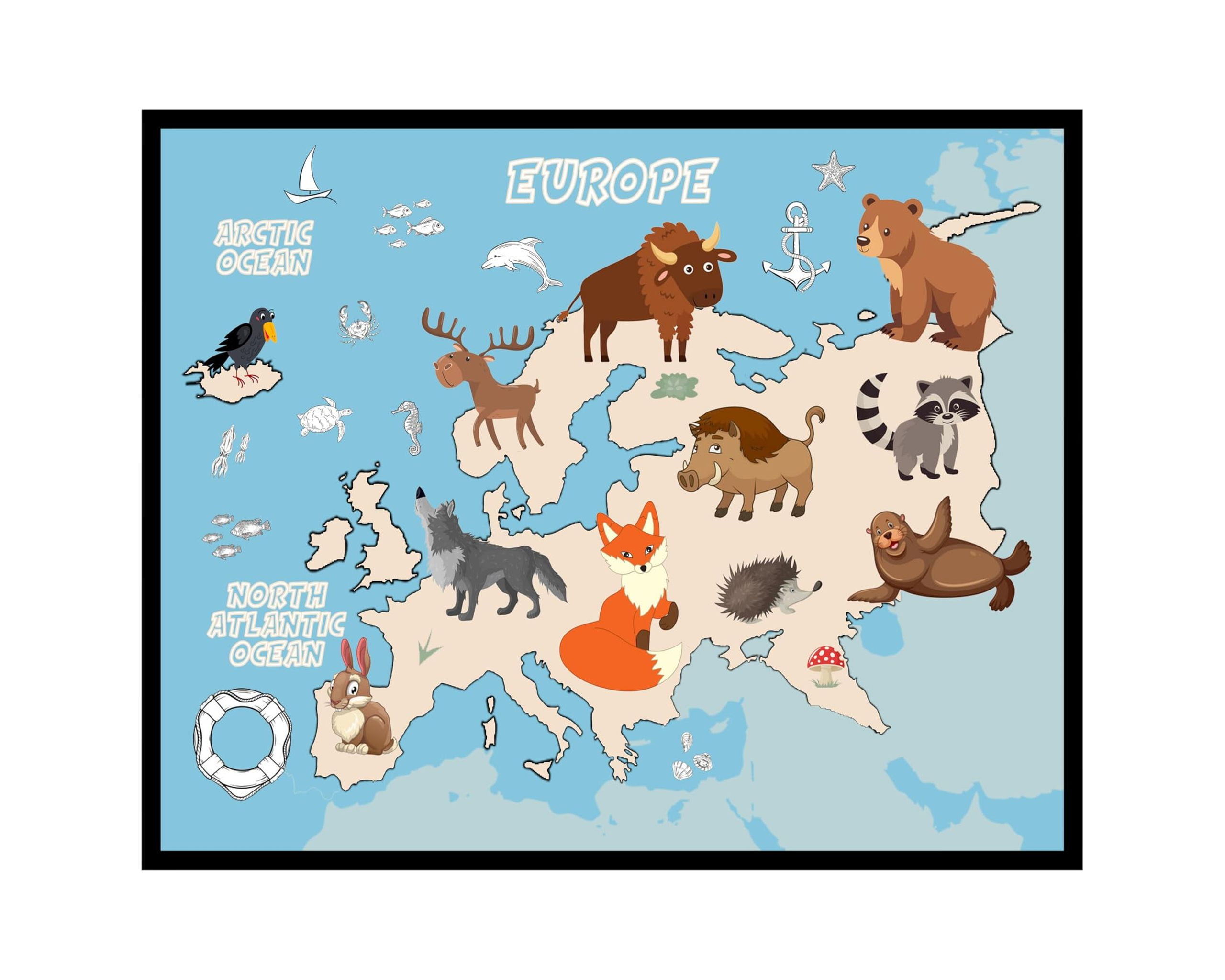 Poster Master Europe Map Poster - Animal World Map Print - Learning ...