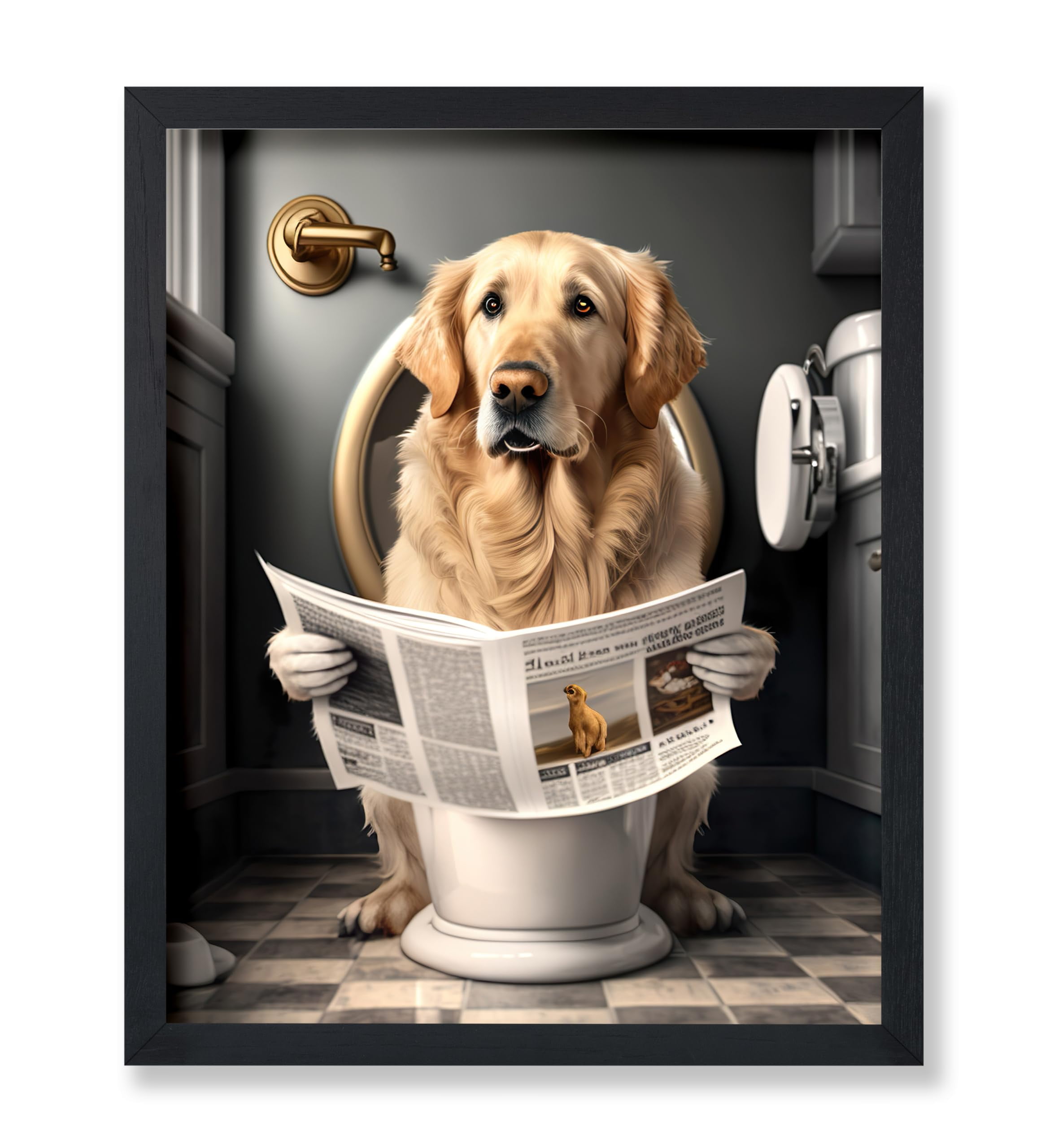 Poster Master Golden Retriever Sitting on Toilet Poster - Dog Reading a ...