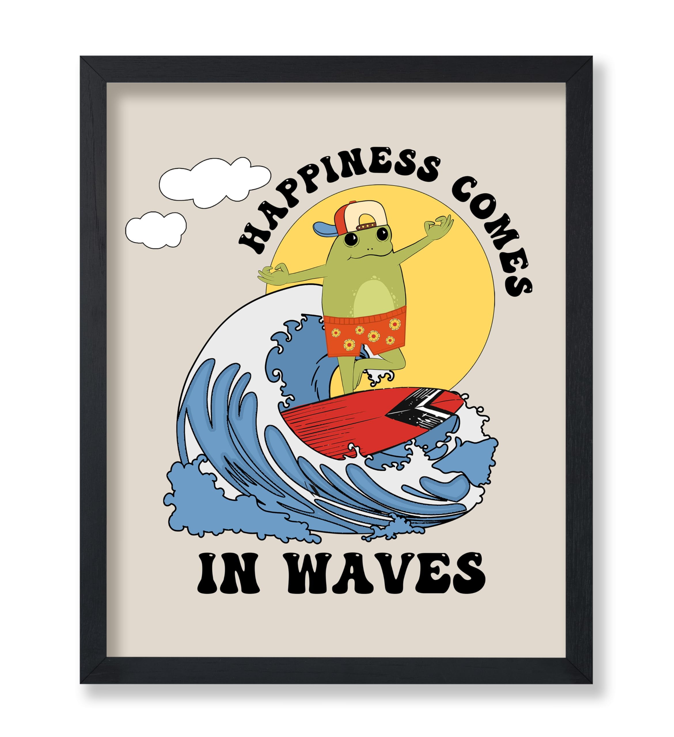 Poster Master Happiness Comes In Waves Poster - Retro Surfing Frog ...