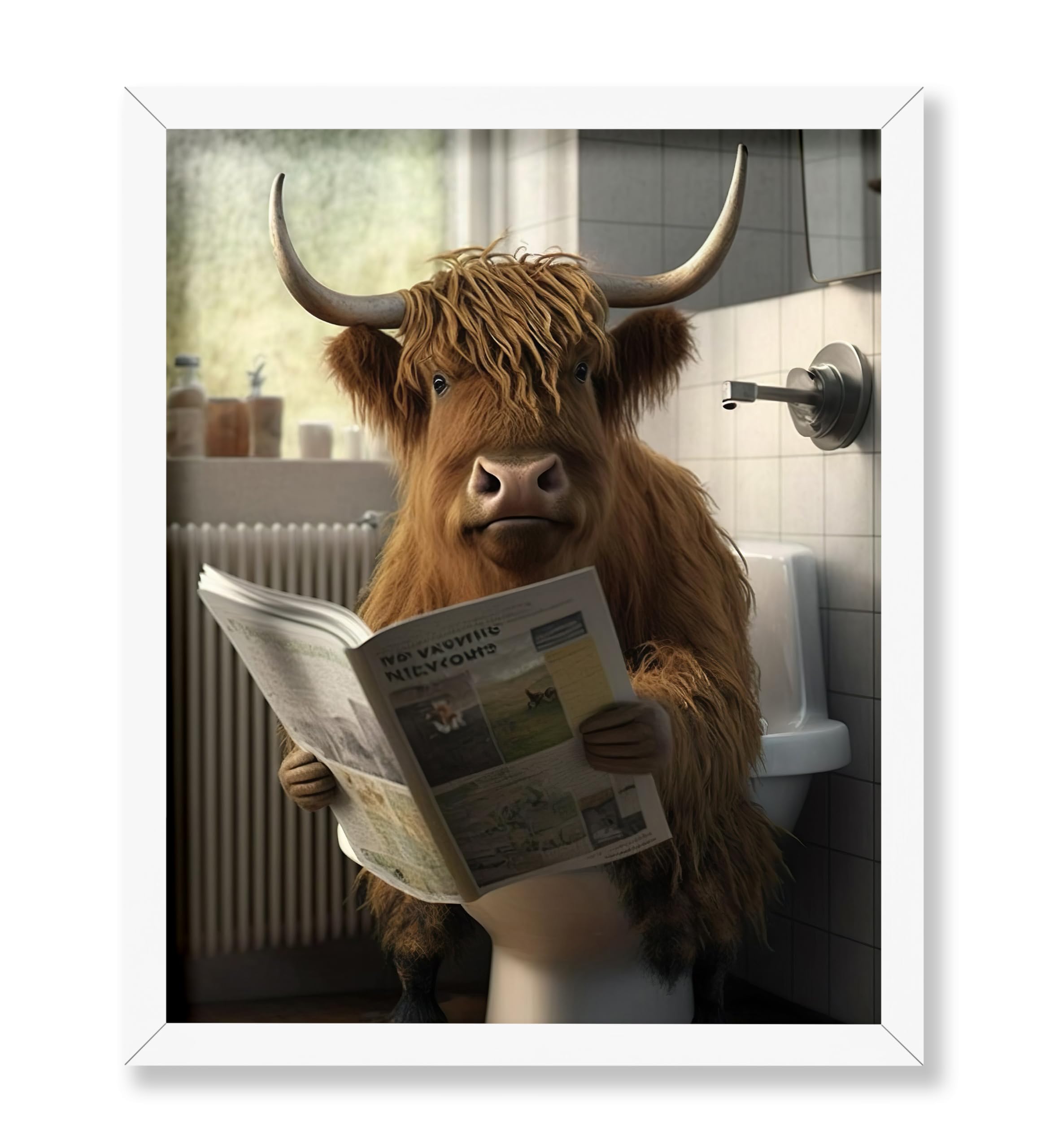 Poster Master Highland Cow Sitting on Toilet Poster - Cow Reading a ...