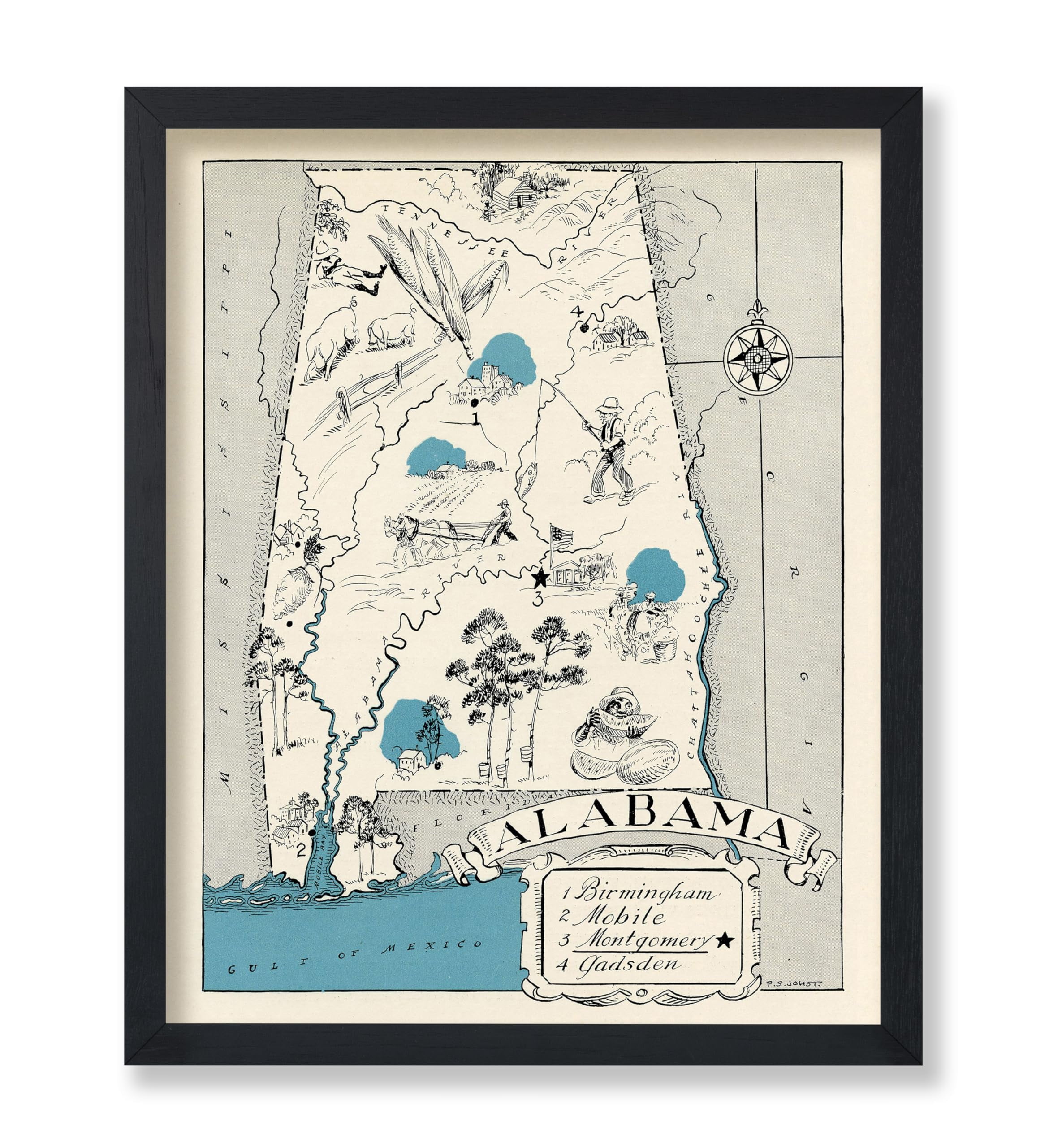 Poster Master Vintage Map Poster - Retro Alabama Map Print - Alabama ...
