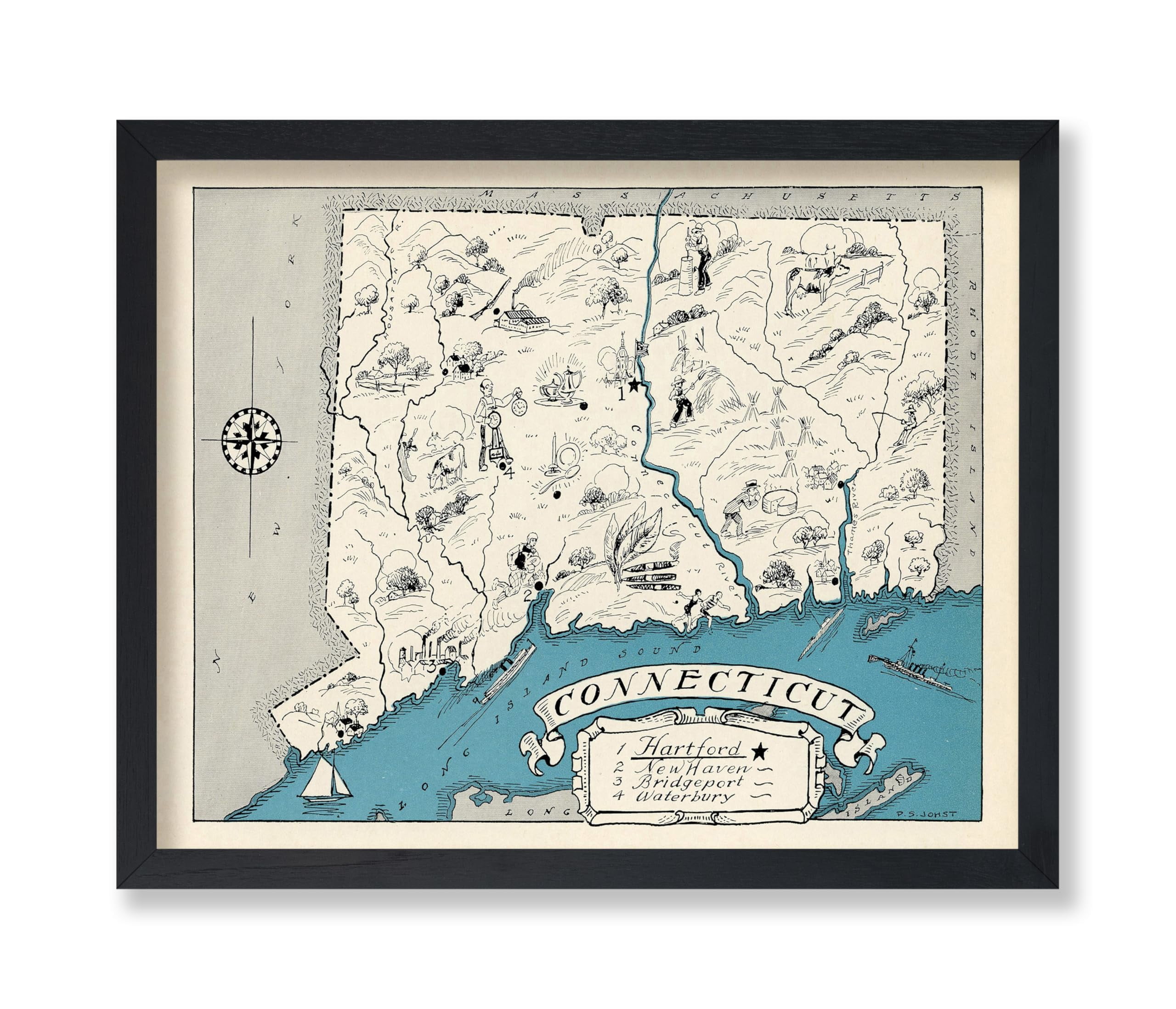 Poster Master Vintage Map Poster - Retro Connecticut Map Print ...