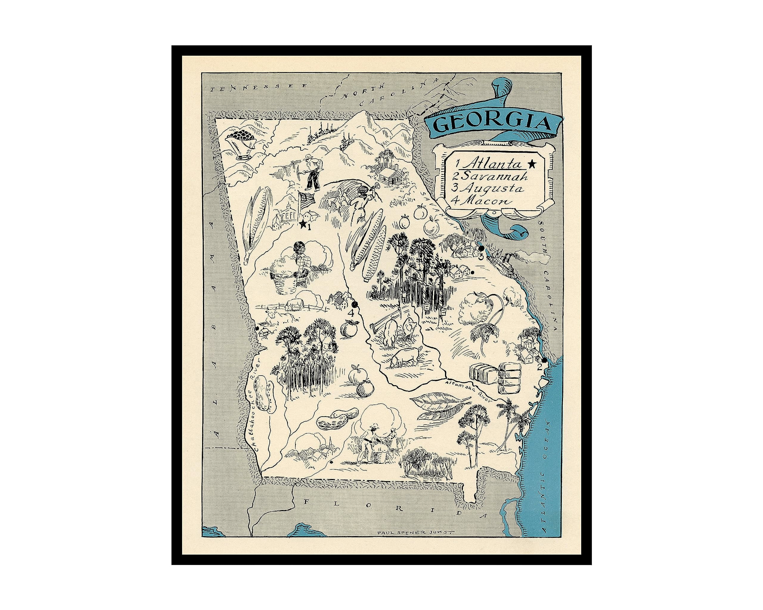 Poster Master Vintage Map Poster - Retro Georgia Map Print - Georgia ...
