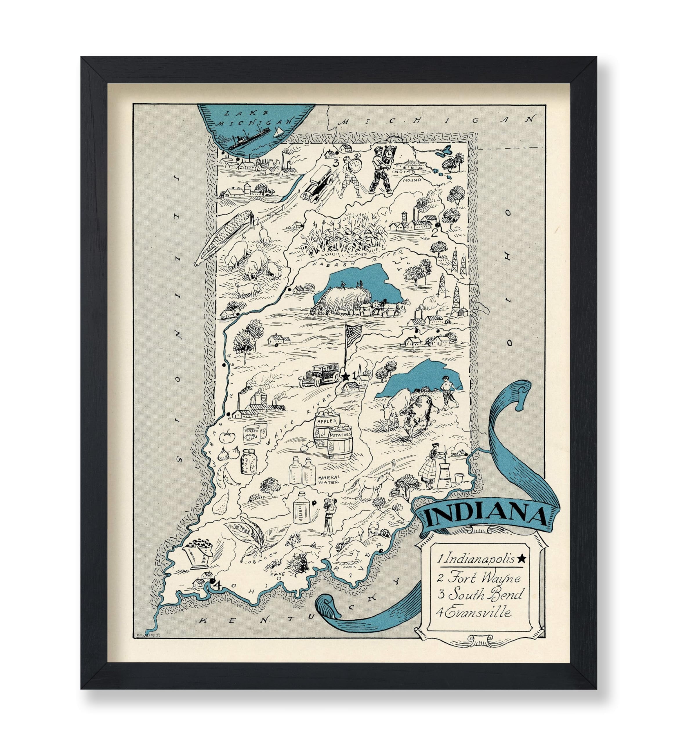 Poster Master Vintage Map Poster - Retro Indiana Map Print - Indiana ...