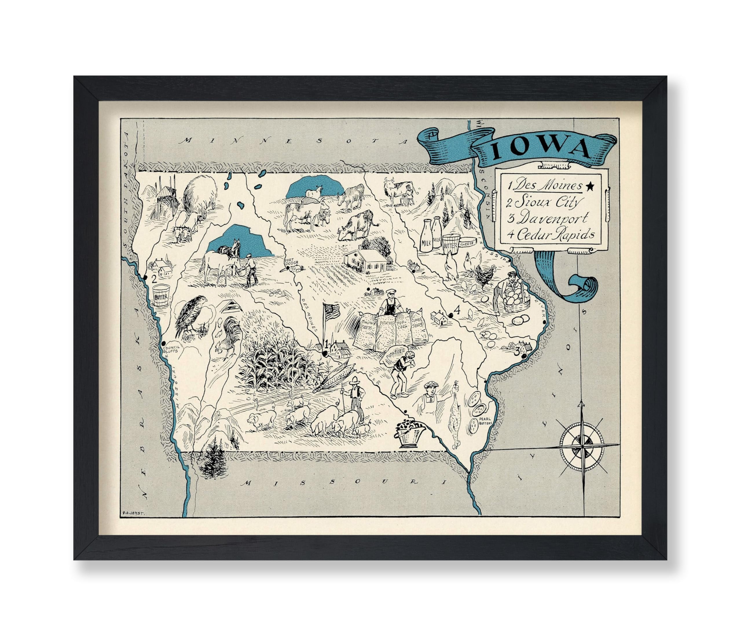 Poster Master Vintage Map Poster - Retro Iowa Map Print - Iowa State ...