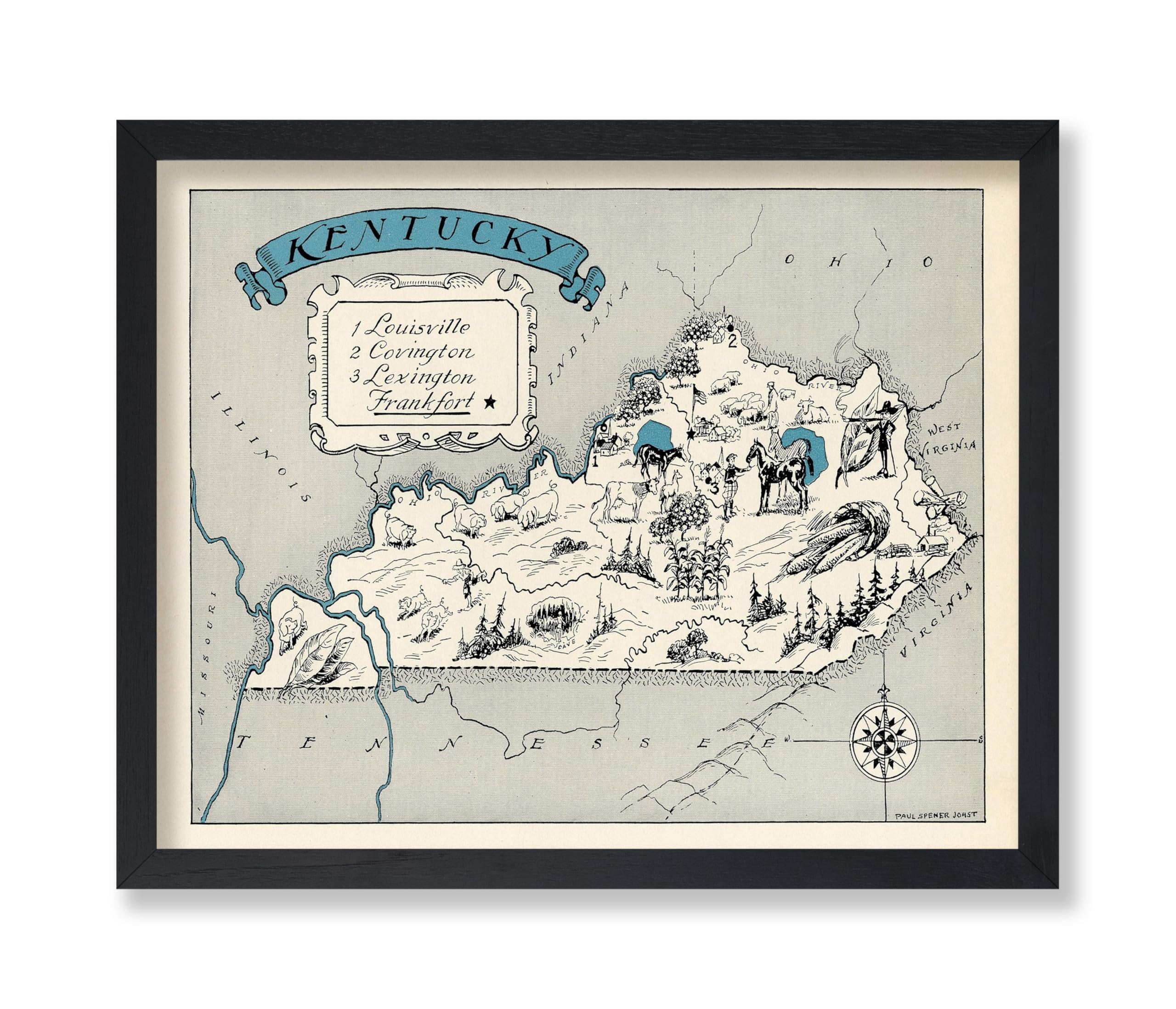Poster Master Vintage Map Poster - Retro Kentucky Map Print - Kentucky ...