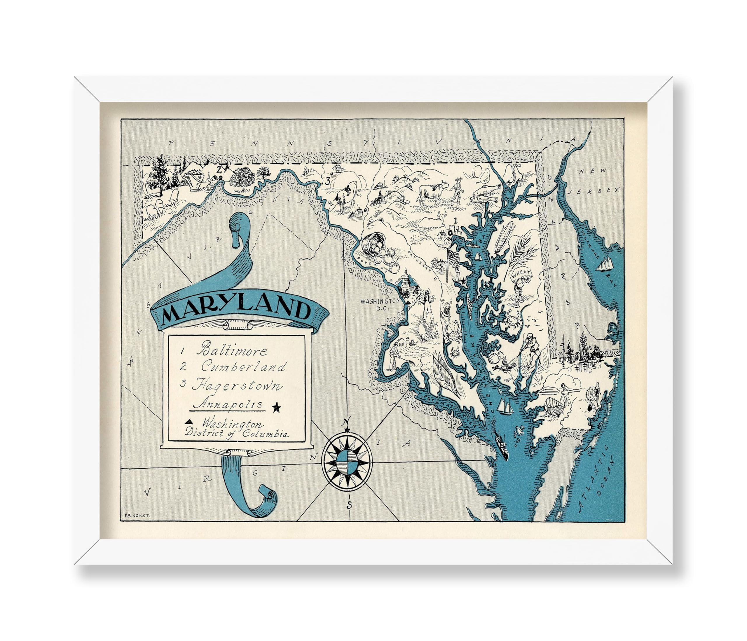 Poster Master Vintage Map Poster - Retro Maryland Map Print - Maryland ...