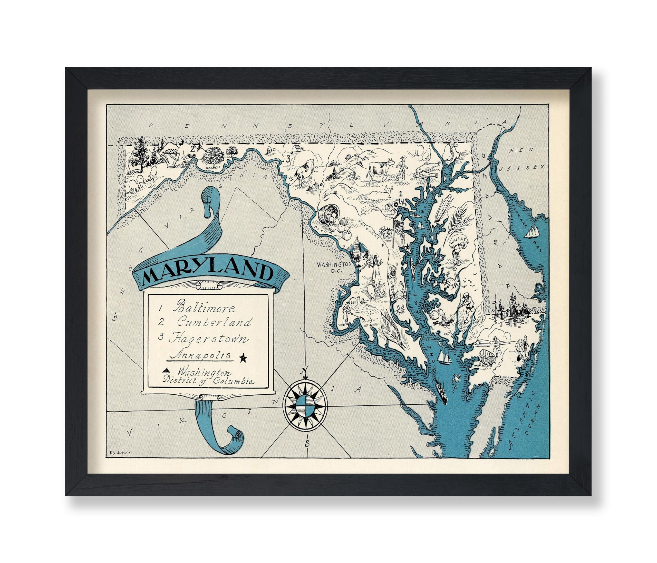 Poster Master Vintage Map Poster - Retro Maryland Map Print - Maryland ...