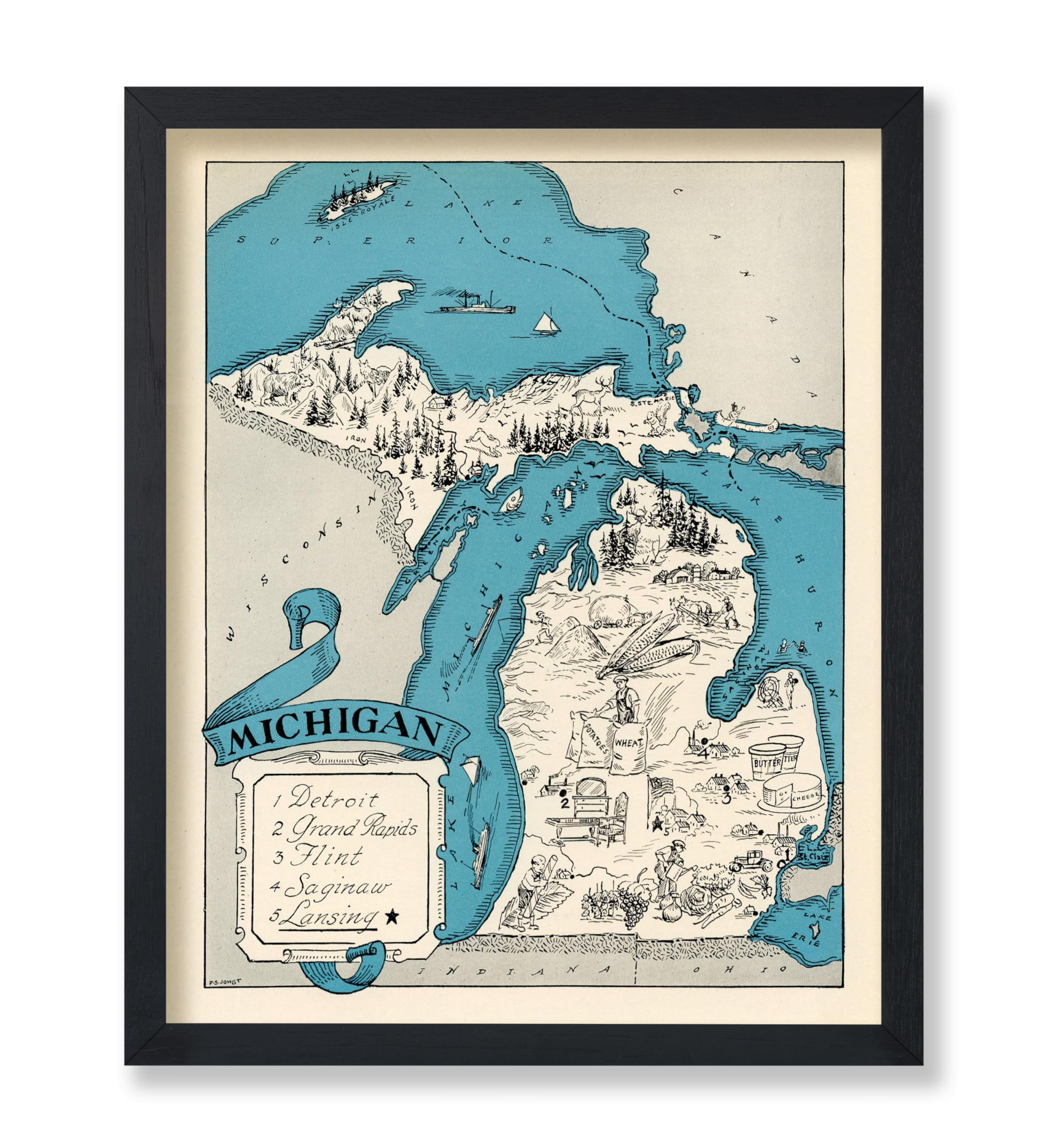 Poster Master Vintage Map Poster - Retro Michigan Map Print - Michigan ...