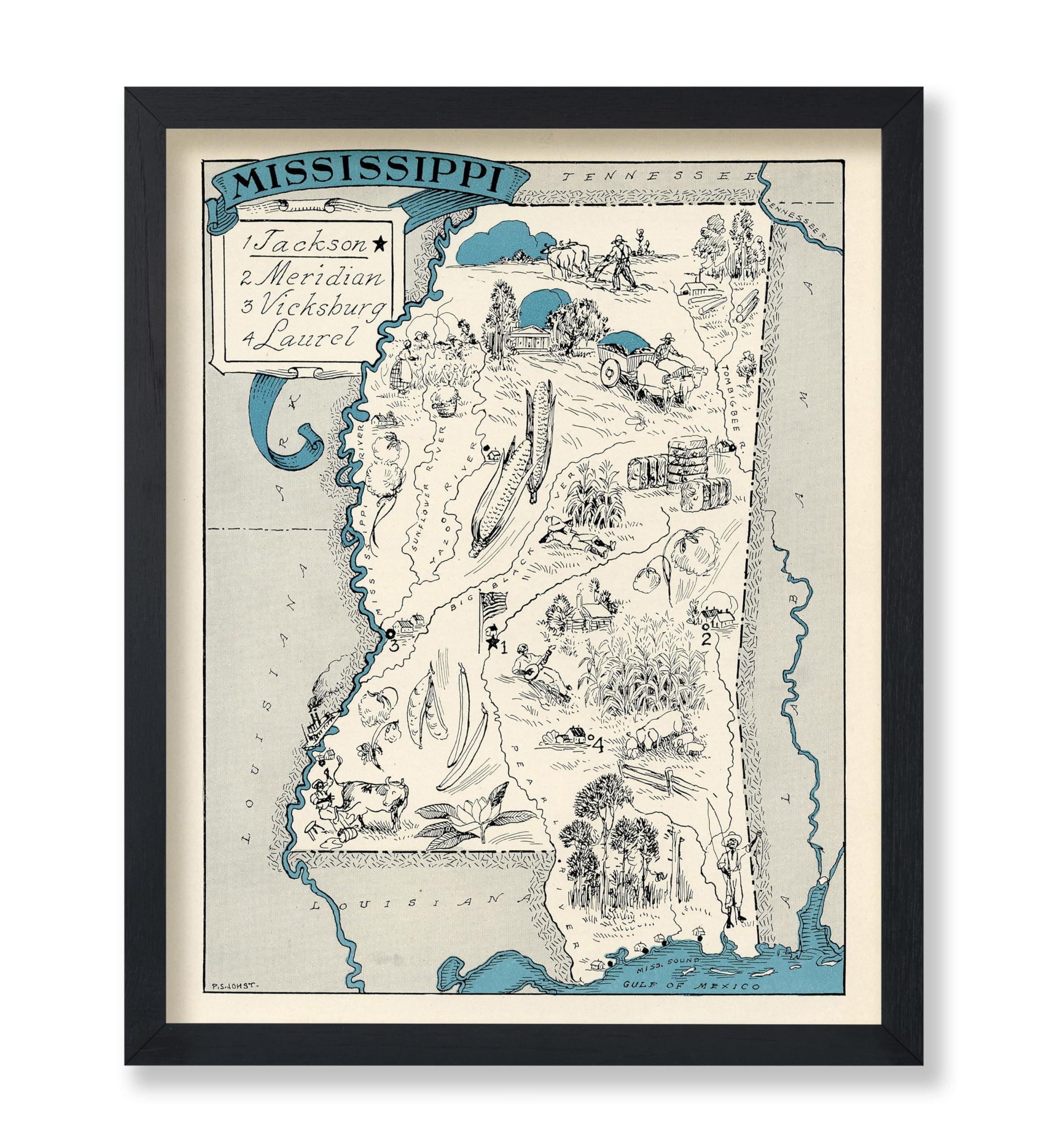 Poster Master Vintage Map Poster - Retro Mississippi Map Print ...