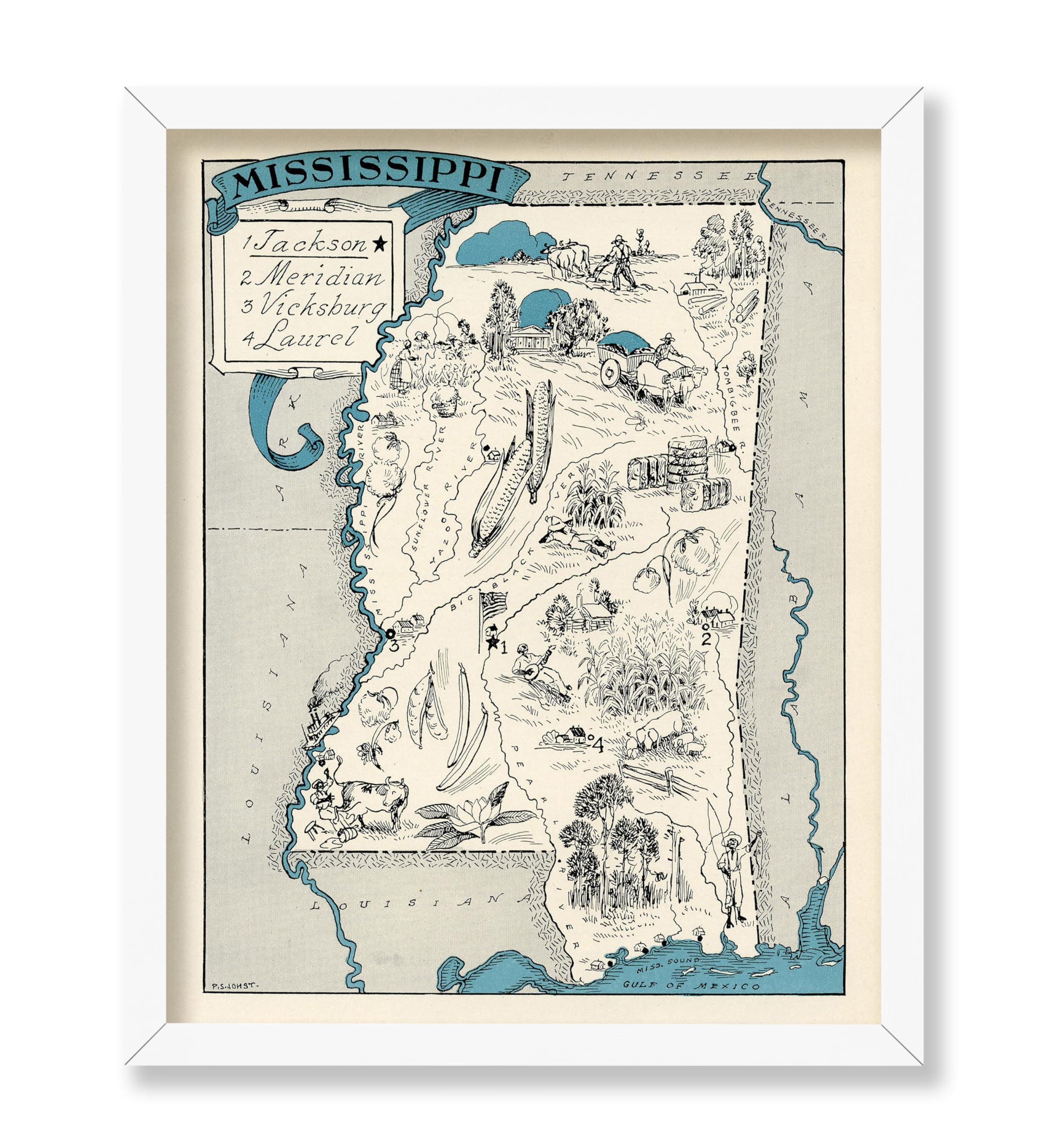 Poster Master Vintage Map Poster - Retro Mississippi Map Print ...