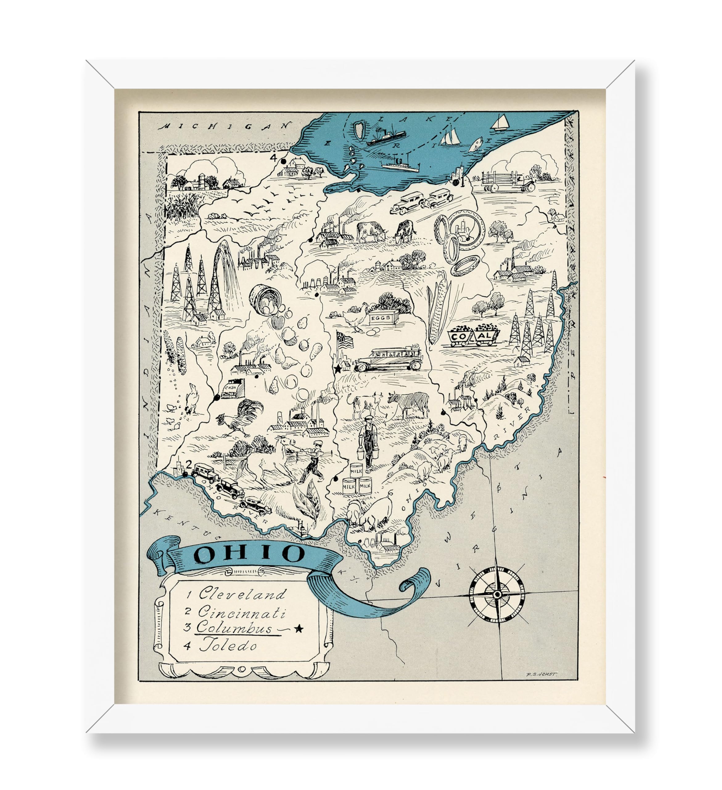 Poster Master Vintage Map Poster - Retro Ohio Map Print - Ohio State ...