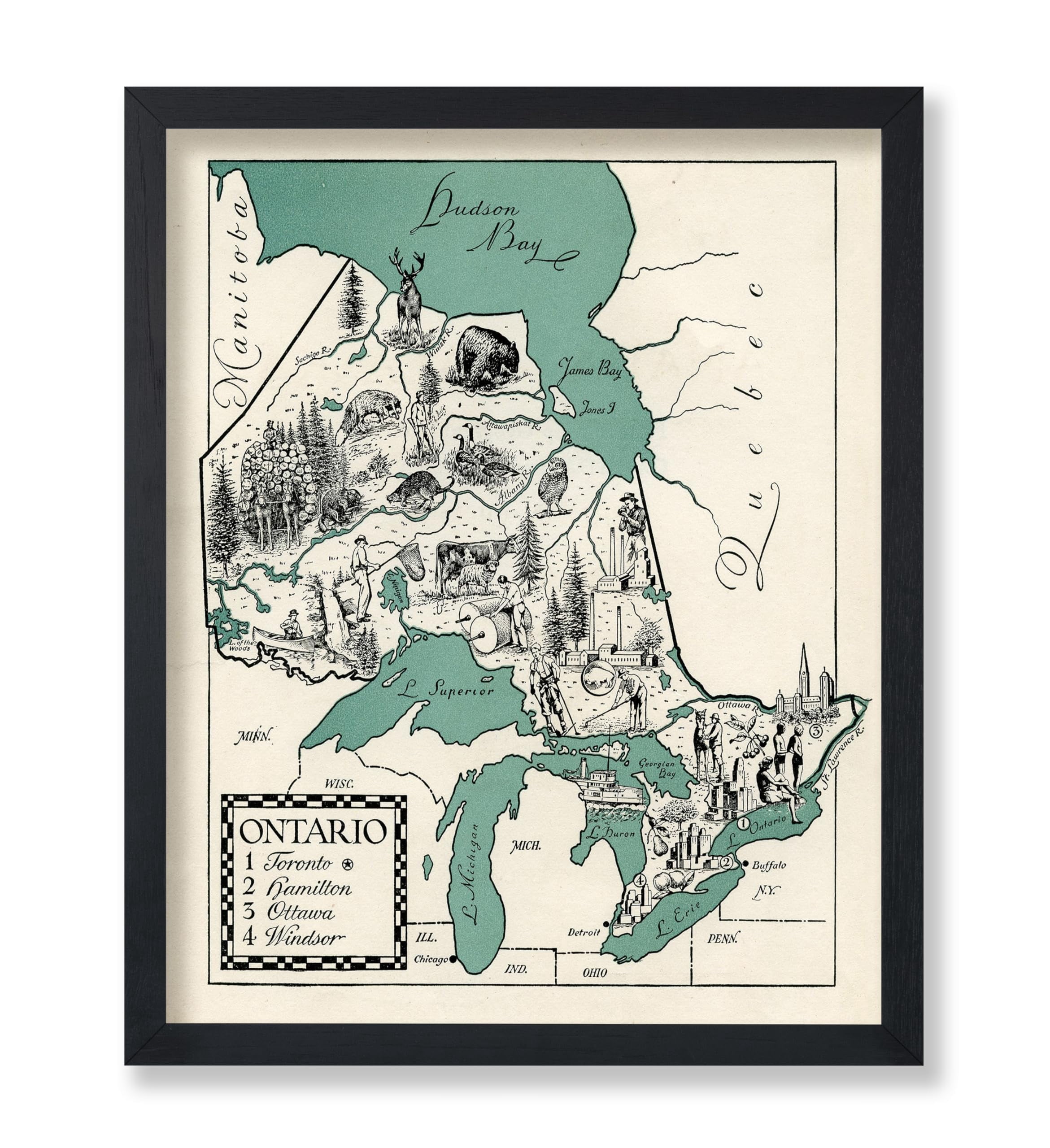 Poster Master Vintage Map Poster - Retro Ontario Map Print - Ontario ...