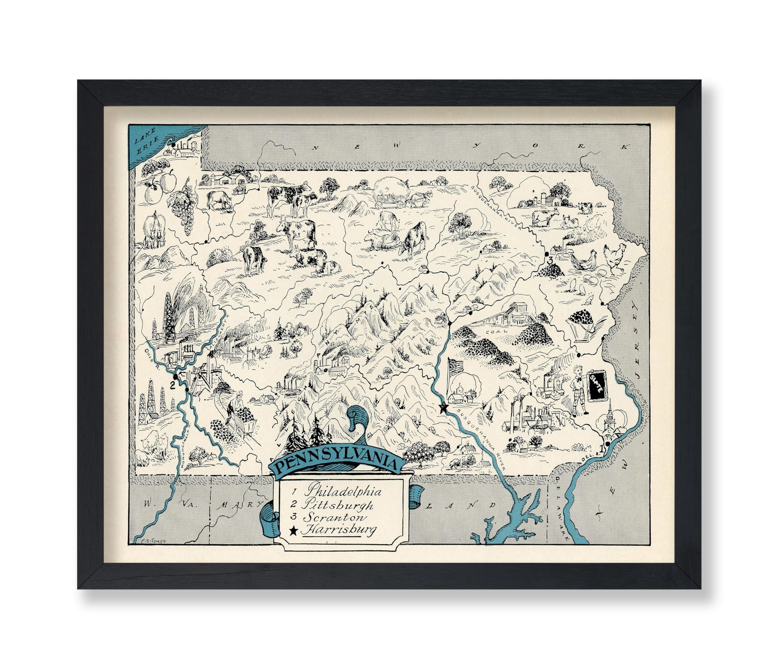 Poster Master Vintage Map Poster - Retro Pennsylvania Map Print ...