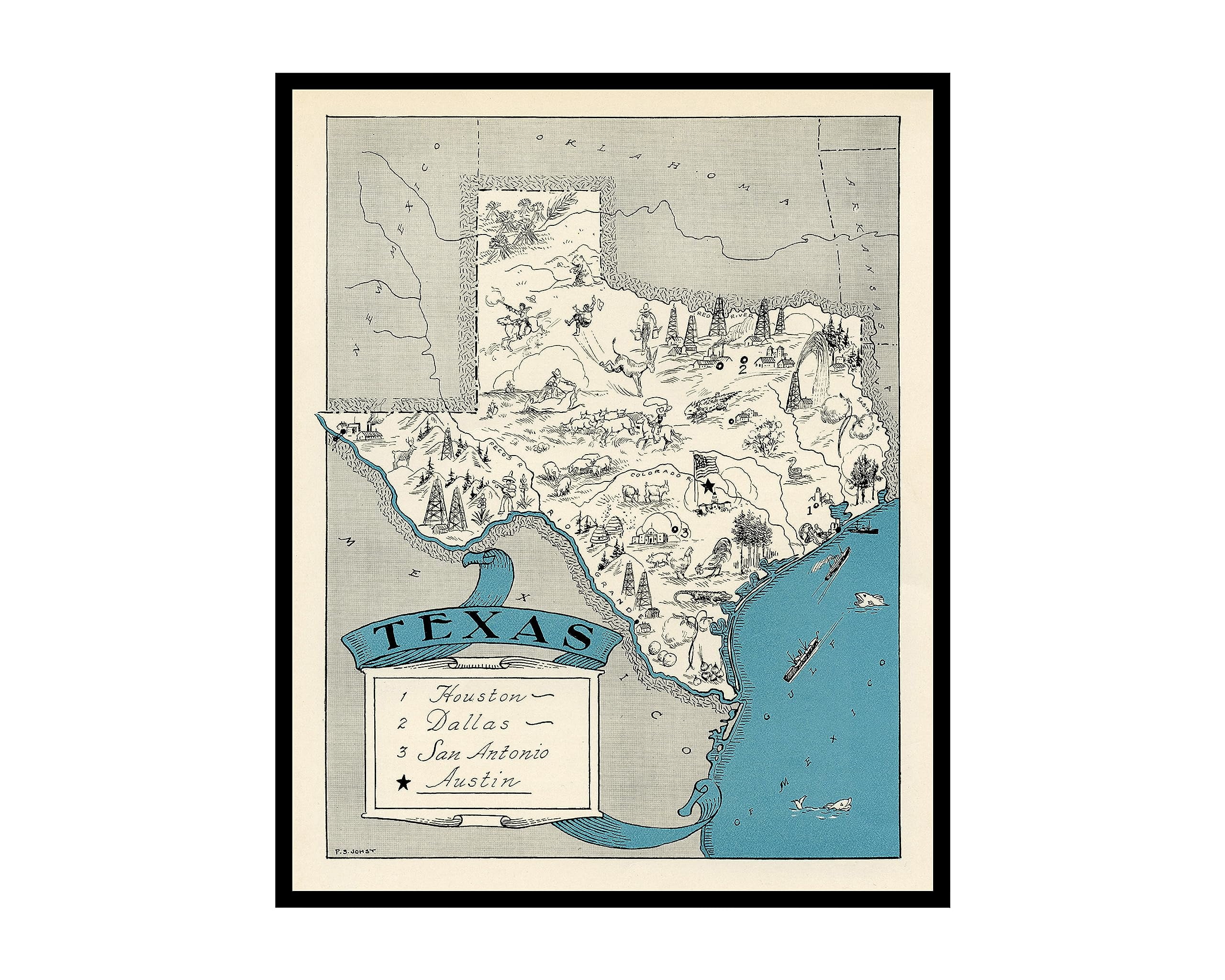 Poster Master Vintage Map Poster - Retro Texas Map Print - Texas State ...