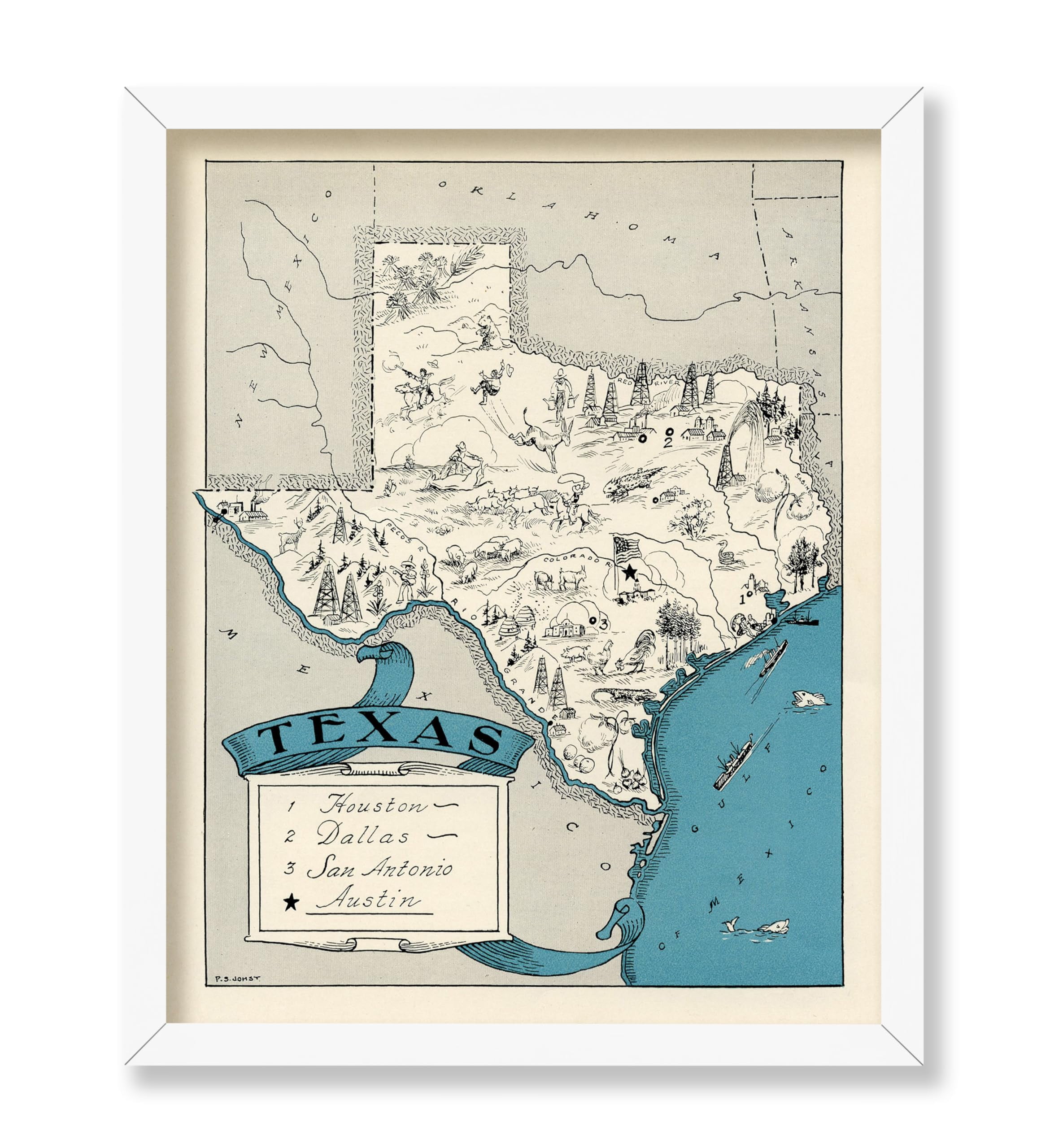 Poster Master Vintage Map Poster - Retro Texas Map Print - Texas State ...