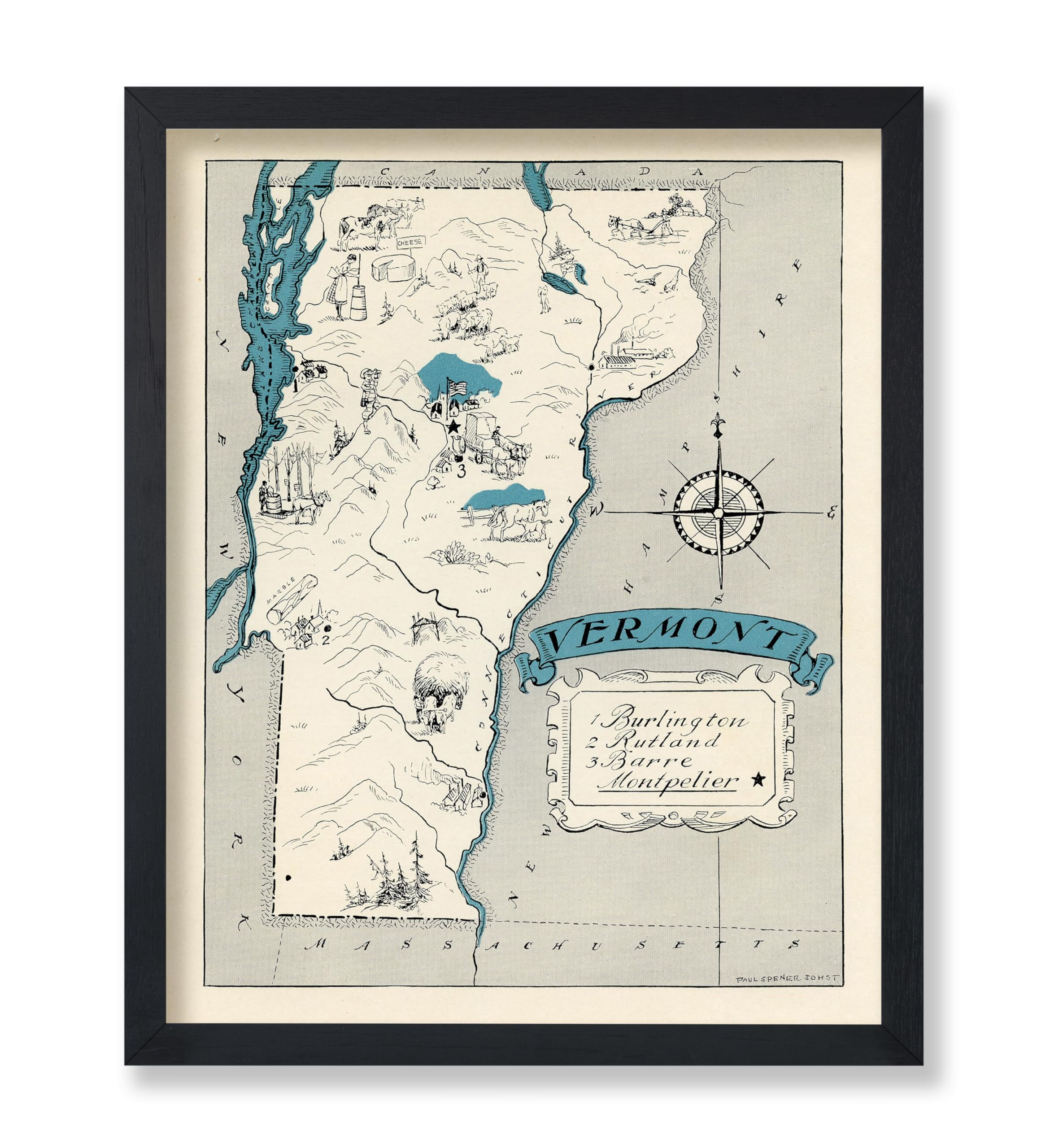 Poster Master Vintage Map Poster - Retro Vermont Map Print - Vermont ...