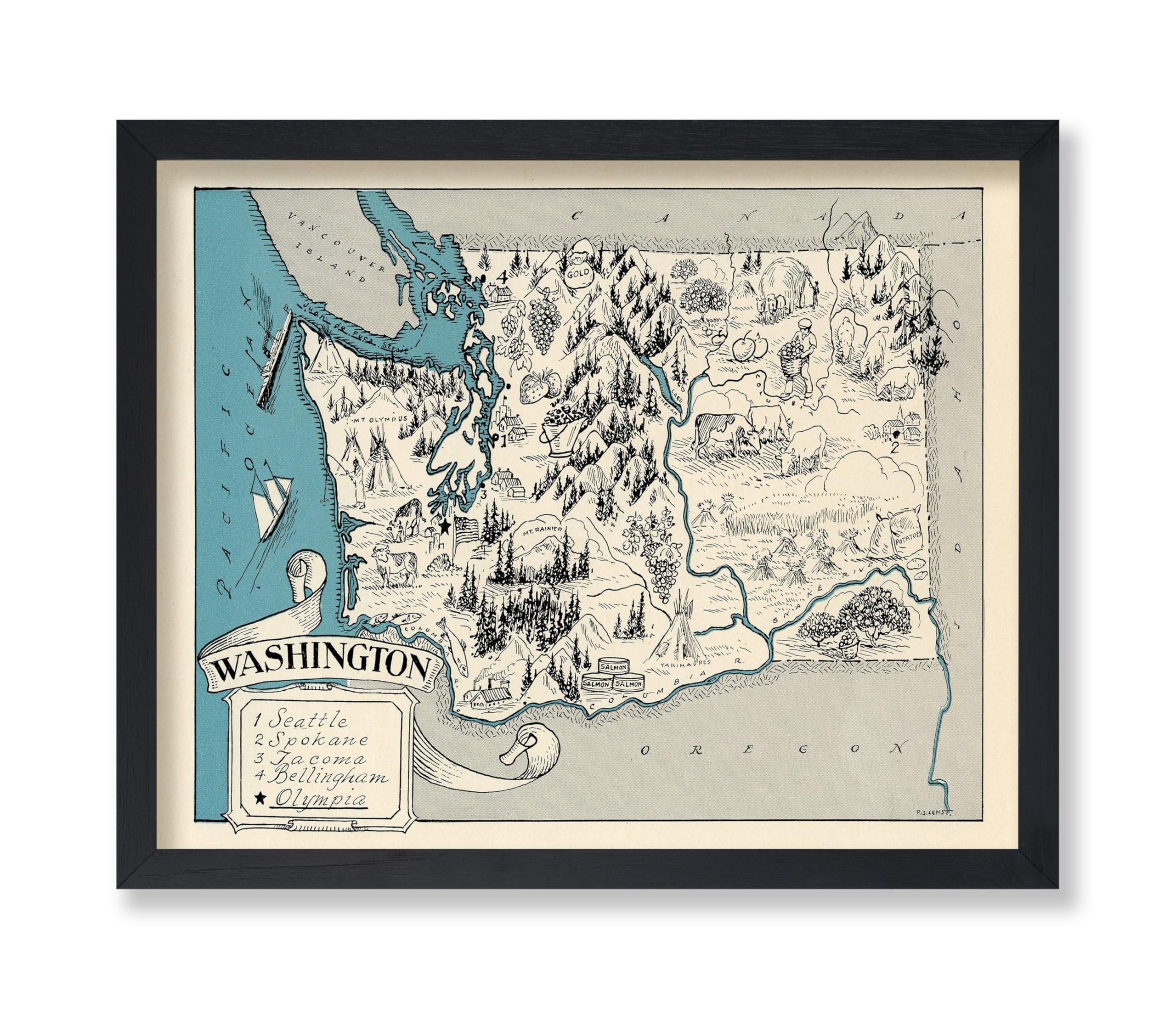 Poster Master Vintage Map Poster - Retro Washington Map Print - Washington State Map Art - Gift ...