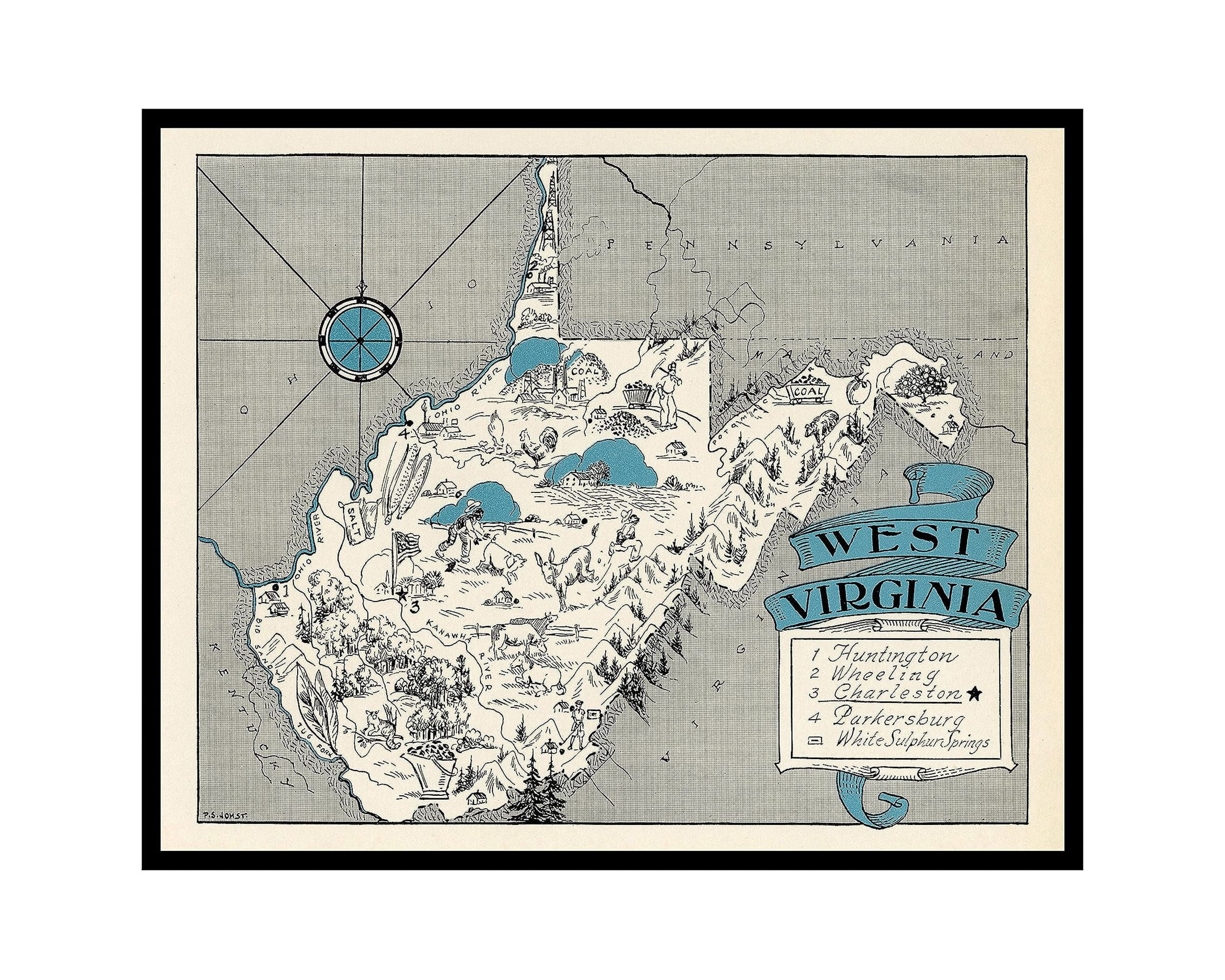 Poster Master Vintage Map Poster - Retro West Virginia Map Print - West ...