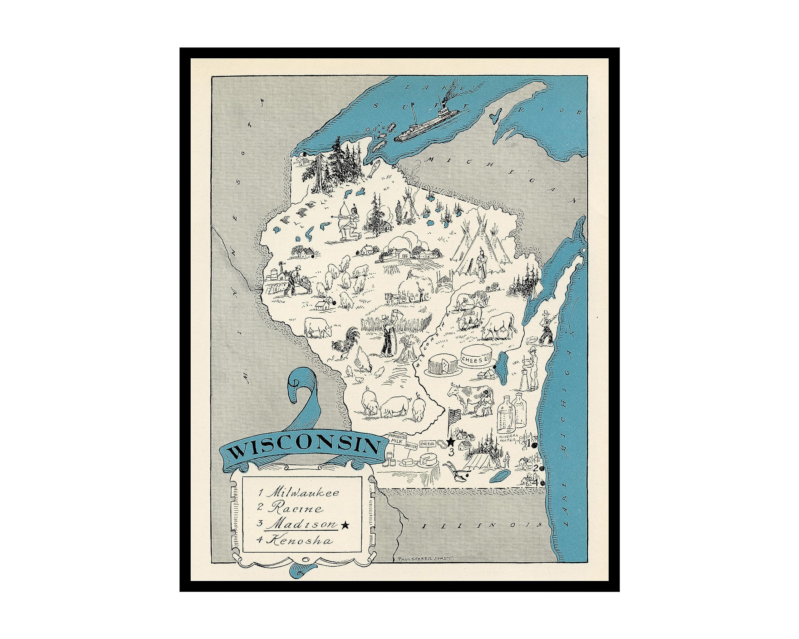 Poster Master Vintage Map Poster - Retro Wisconsin Map Print ...