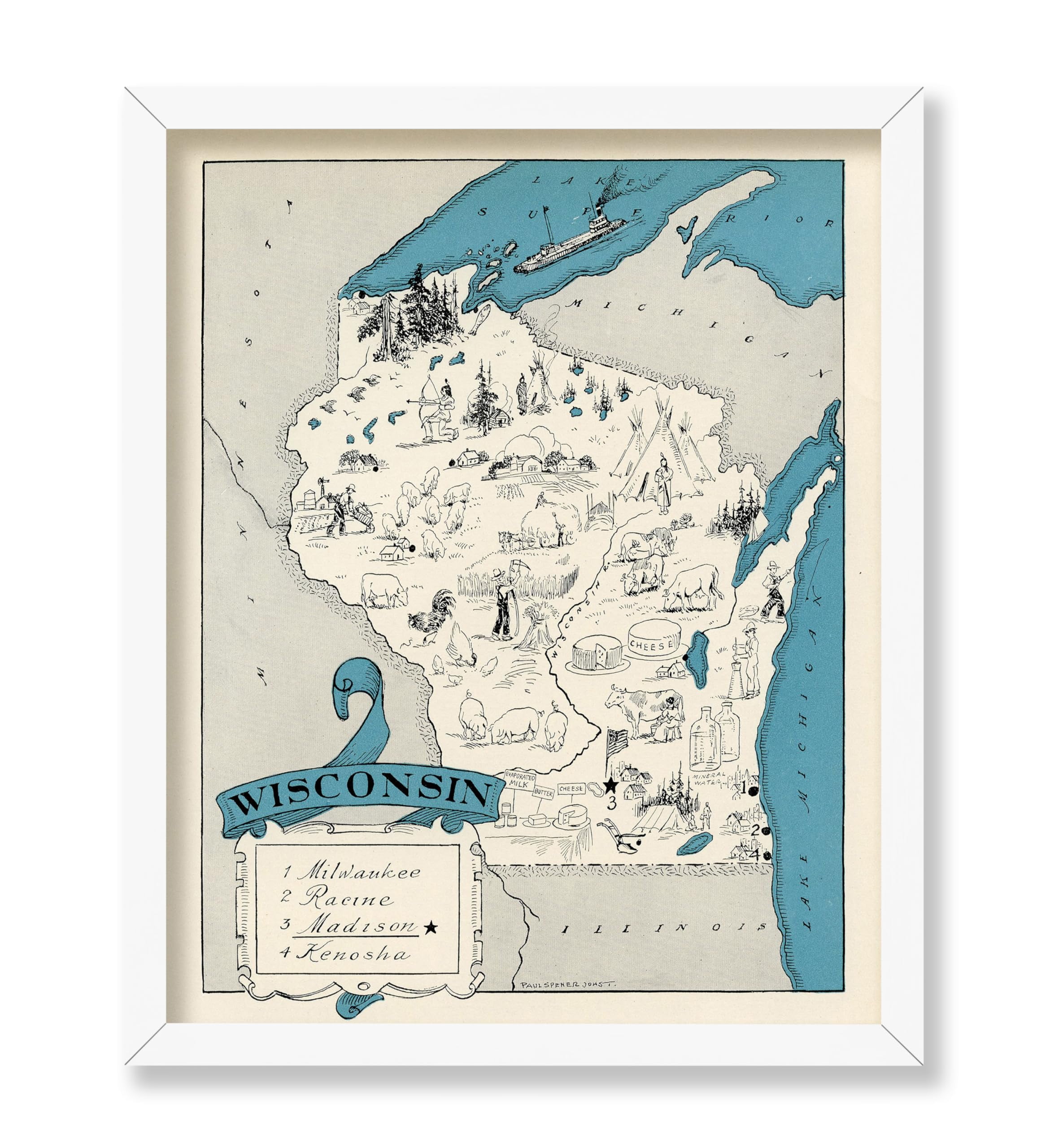 Poster Master Vintage Map Poster - Retro Wisconsin Map Print ...