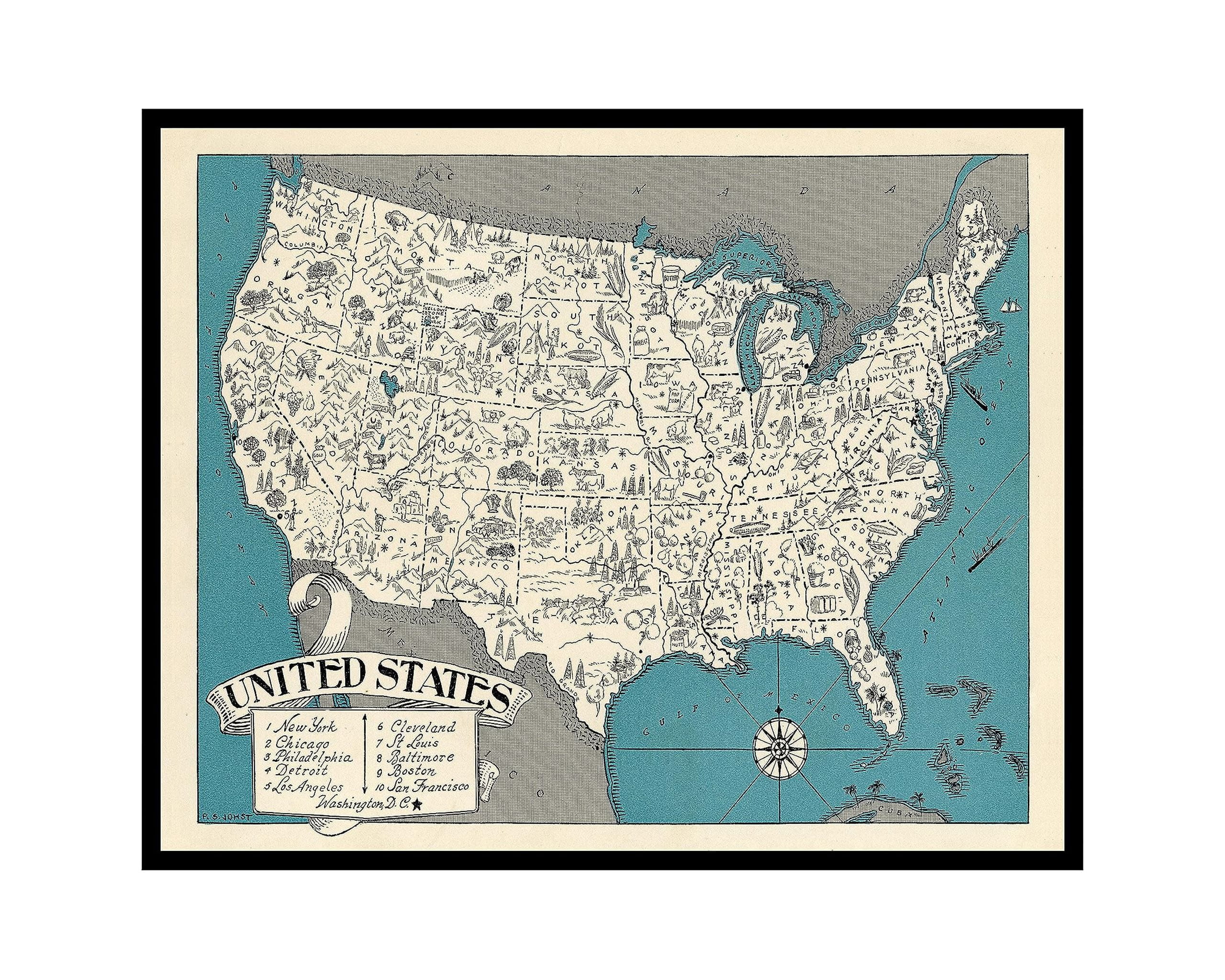 Poster Master Vintage USA Map Poster - Retro United States Map Print ...