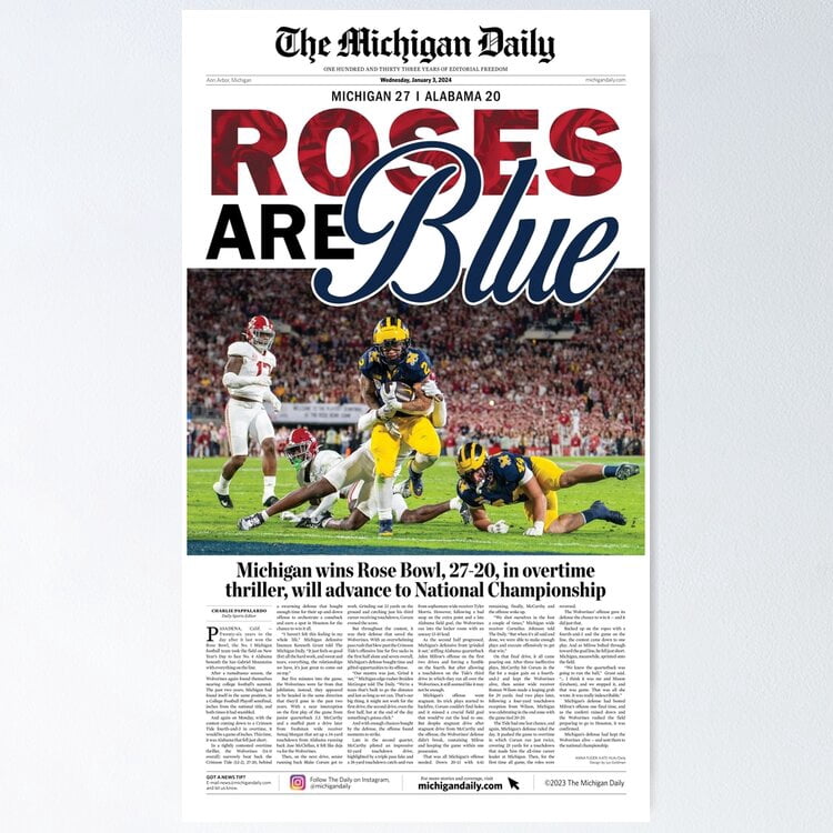 Poster The Michigan Daily Front Cover 1/3/24 (Rose Bowl) - No Framed ...