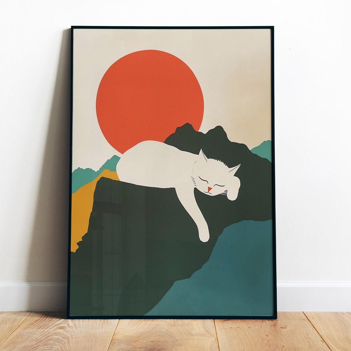 Poster Minimalistic White Cat Poster Printable Japanese Art Napping Cat ...