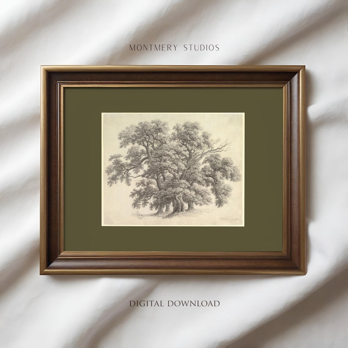 Poster Oak Tree Etching, Antique Tree Pencil Drawing, Muted Dark Green ...