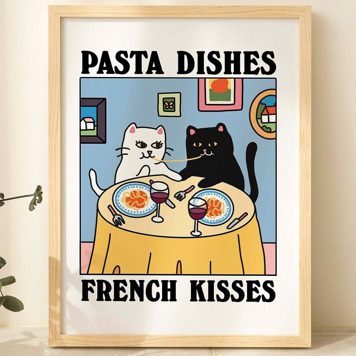 Poster Pasta Dishes French Kisses Cat Print, Romantic Diner Poster ...
