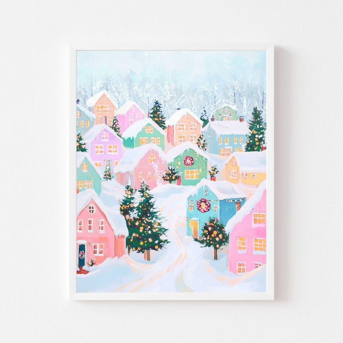 Poster Pastel Christmas Village Painting | Pink Winter Landscape Wall ...