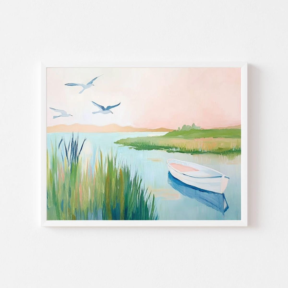 Poster Pastel Marsh Rowboat And Seagulls Landscape Painting | Coastal ...