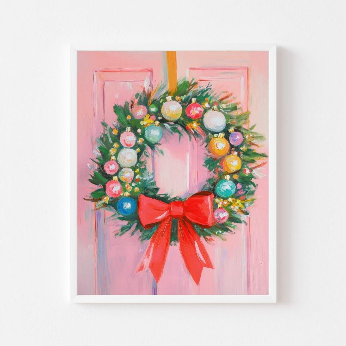 Poster Pink Door With Christmas Wreath Painting | Pastel Holiday Wall ...