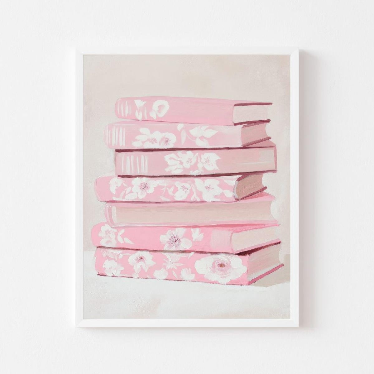 Poster Pink Floral Book Stack Painting | Pastel Reading Nook Wall Art ...