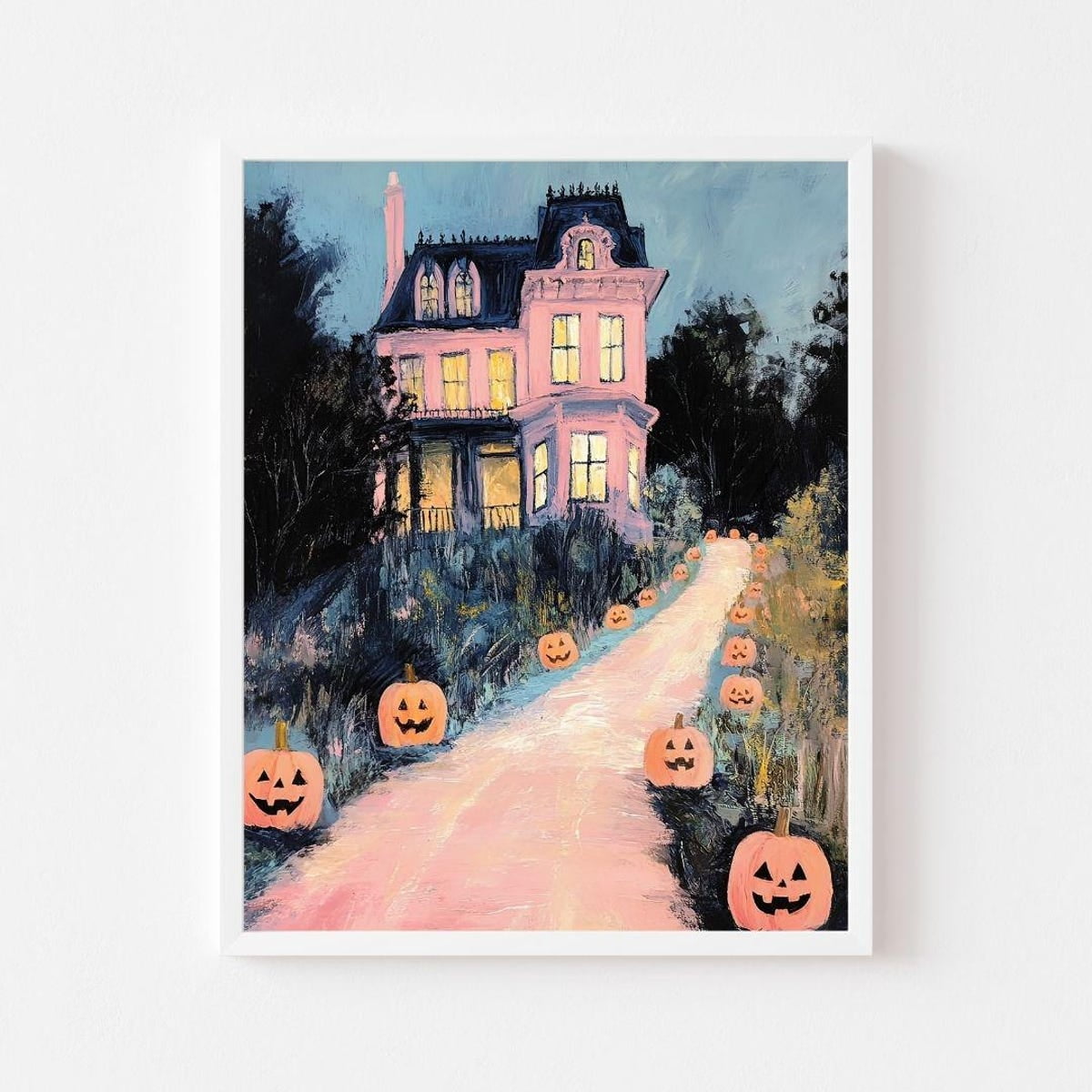 Poster Pink Haunted House And Pumpkins Painting | Girly Halloween ...