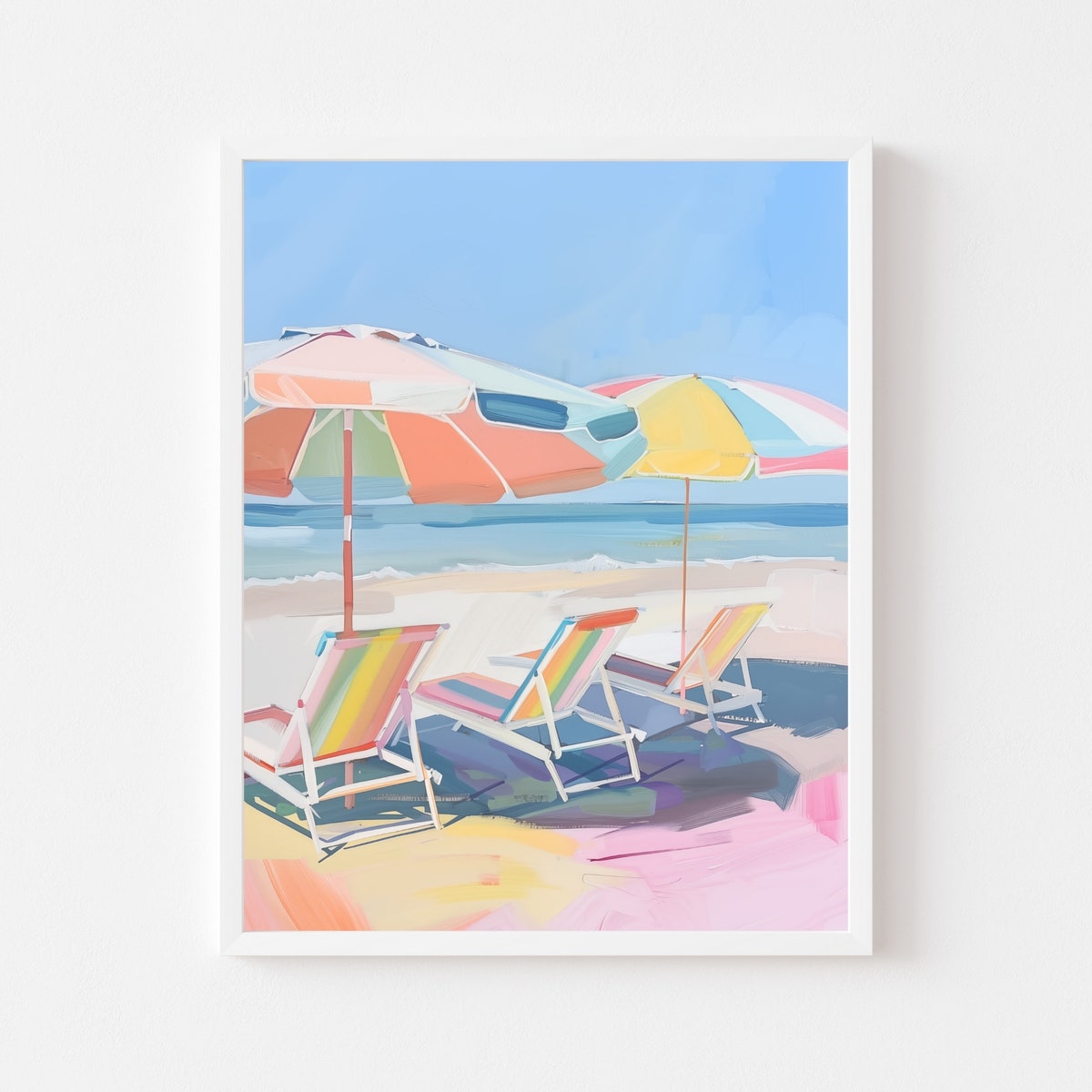 Poster Rainbow Beach Umbrella Painting | Trendy Coastal House Wall Art ...