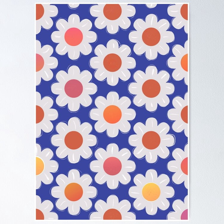 Poster Retro Daisies On Blue Poster No Framed, 8x12 - Walmart.com