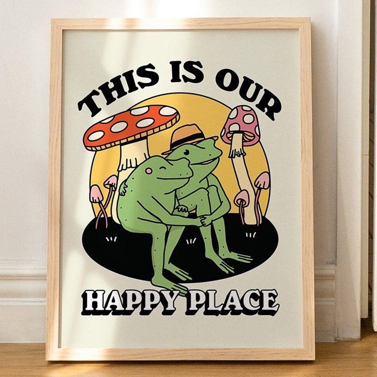Poster Retro Frog Wall Decor, Romantic Mushroom Print, Happy Place ...