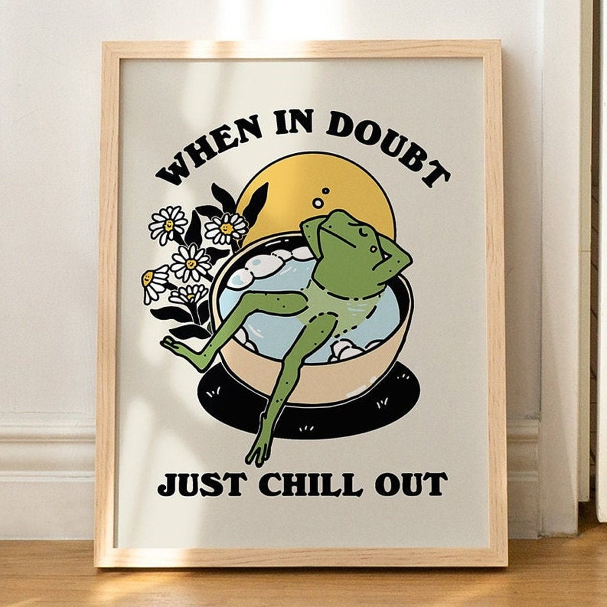 Poster Retro Frog Wall Print, Chill Quote, Vintage Frog, Retro Flowers ...