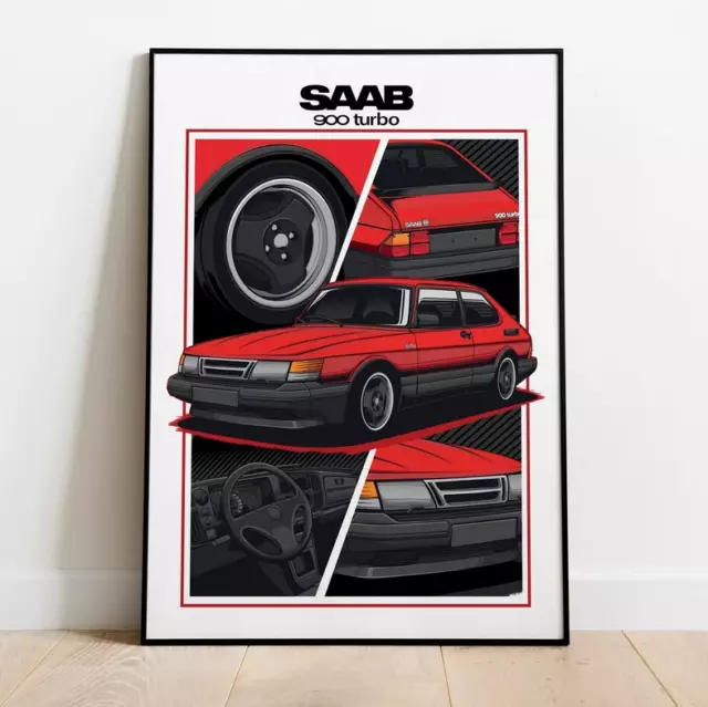 Poster Saab 900 Turbo Poster Saab Car Wall Poster Red Vintage Saab ...