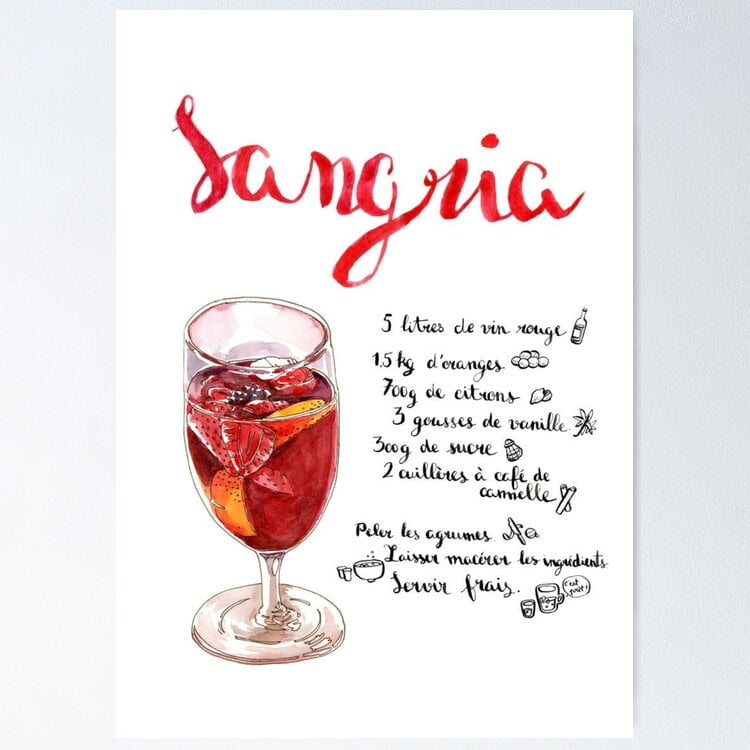 Poster Sangria Recipe Print. Recipe Sangria Watercolor Art print ...