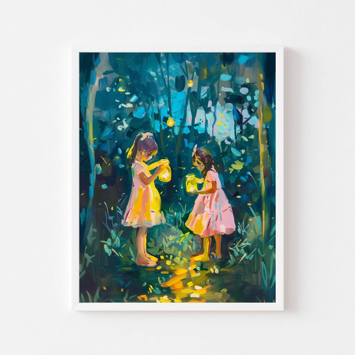 Poster Sisters Catching Fireflies Painting | Magical Summer Night Wall ...