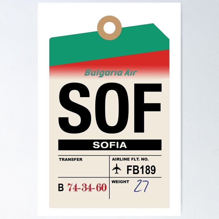 Poster Sofia (Sof) Bulgaria Airline Luggage Tag - No Framed, Vintage Wall Art, Trendy Retro ...