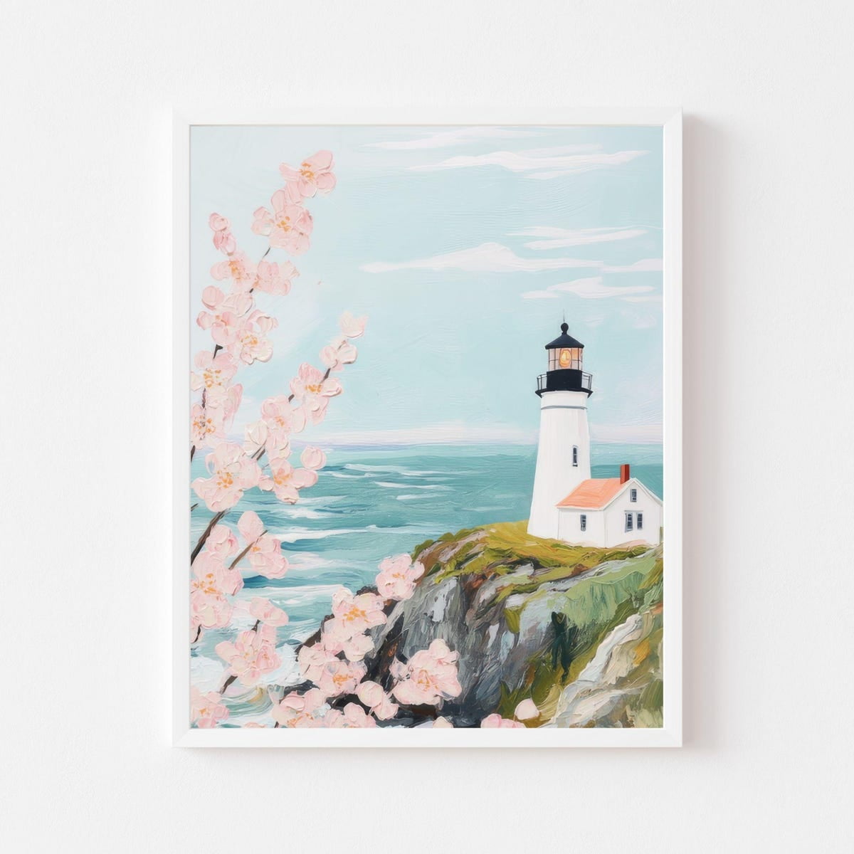 Poster Spring Lighthouse Painting | Coastal Cherry Blossom Wall Art ...