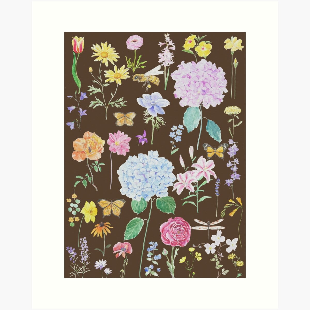 Poster Summer Garden Flowers Oil Painting Effect Brown Background ...