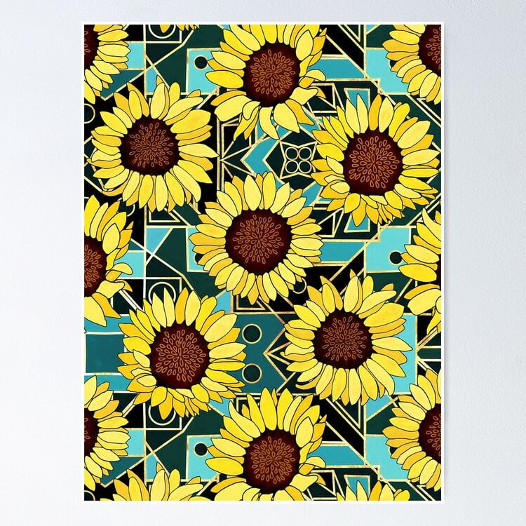 Poster Sunflowers & Geometric Gold & Teal Background Poster - No Framed ...